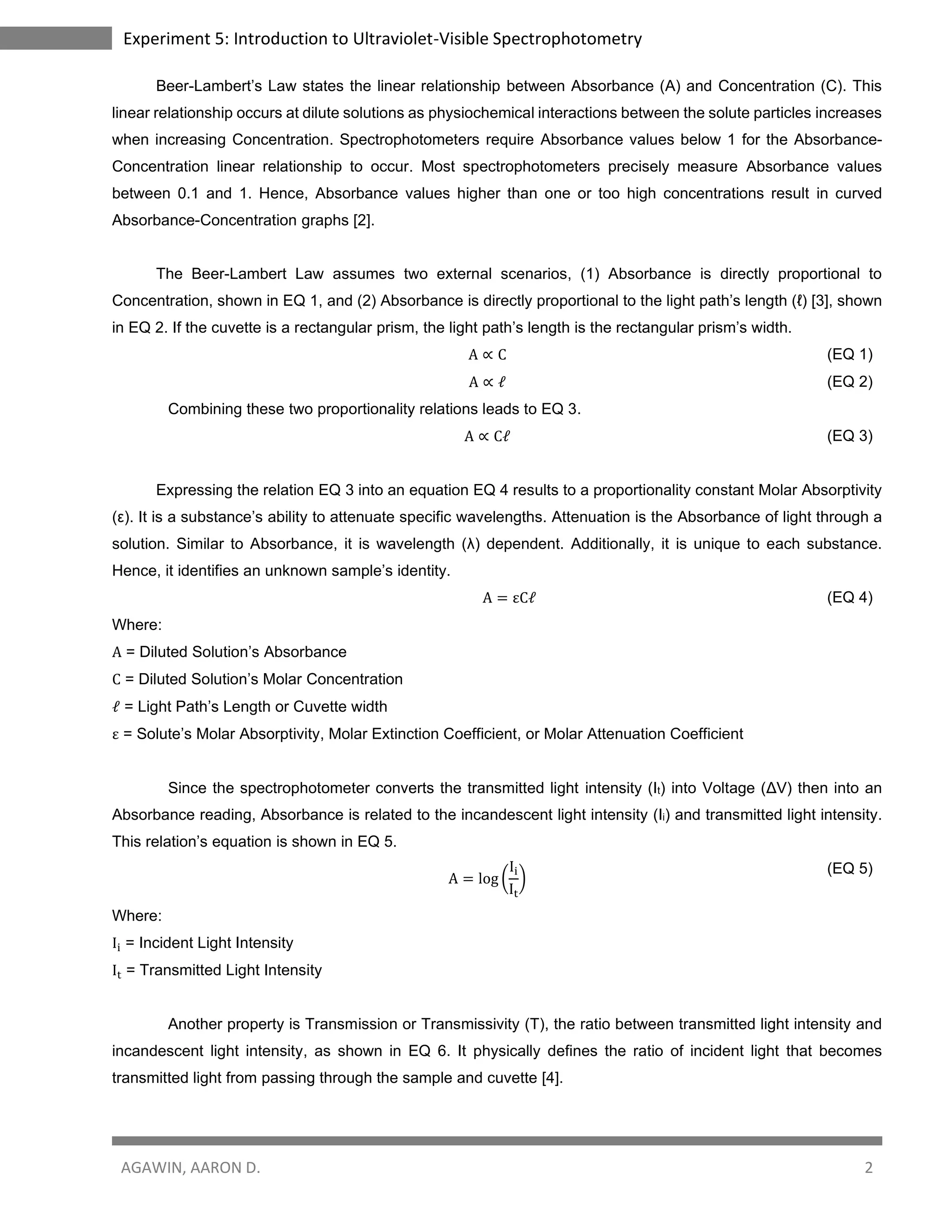 Experiment 5: Introduction to Ultraviolet-Visible Spectrophotometry | PDF