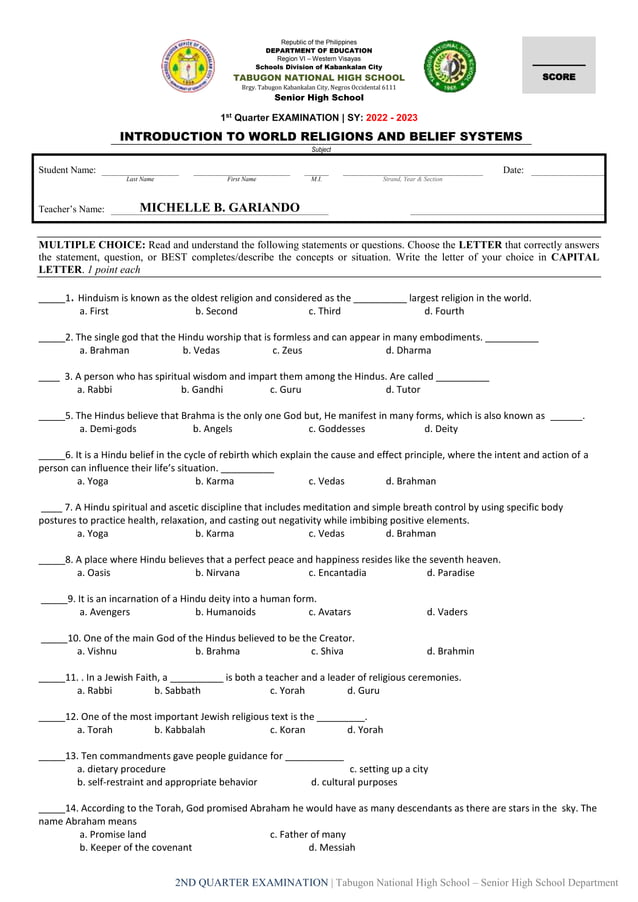 IWRBS1st quarter EXAM.docx.............. | DOCX | Christianity | Religion & Spirituality