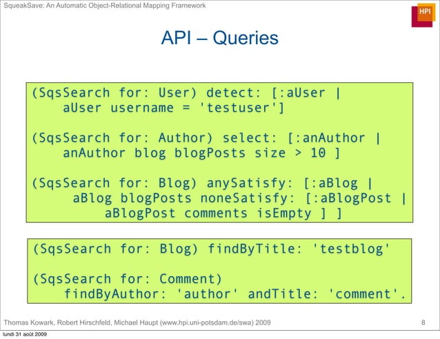 SqueakSave An Automatic Object-Relational Mapping Framework | PPT