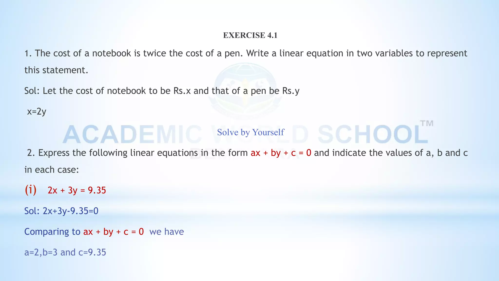Class IX Linear Equations in Two Variables | PPTX