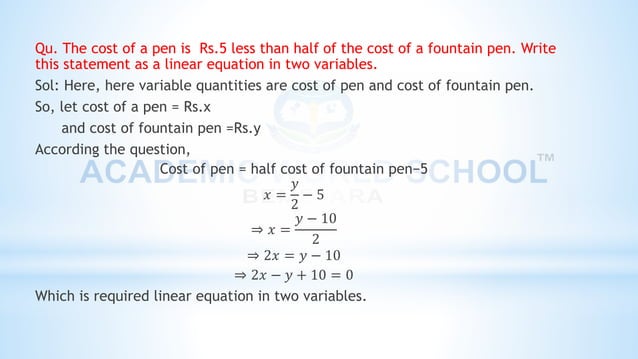 Class IX Linear Equations in Two Variables | PPTX