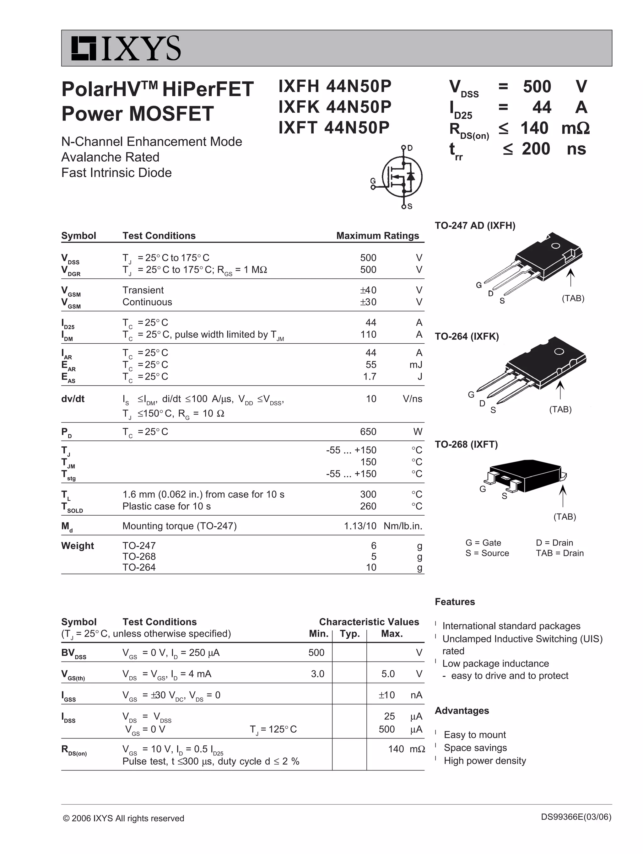 Original PolarHV HiPerFET Power MOSFET IXFH44N50P 44N50 TO-3P 44A 500V ...