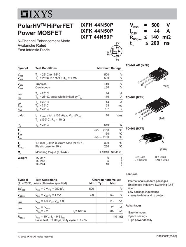 Original PolarHV HiPerFET Power MOSFET IXFH44N50P 44N50 TO-3P 44A 500V ...