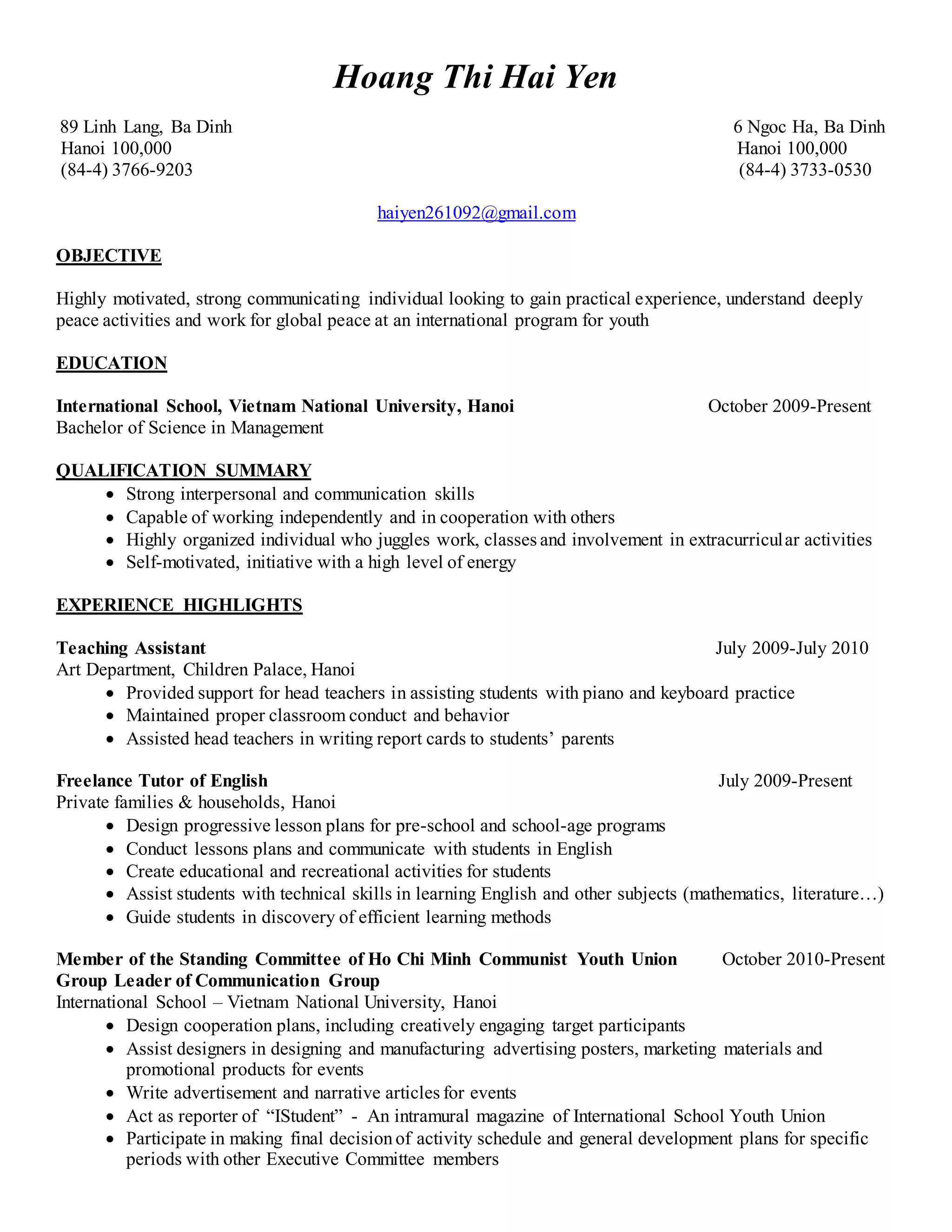 CV - Hoang Thi Hai Yen | PDF