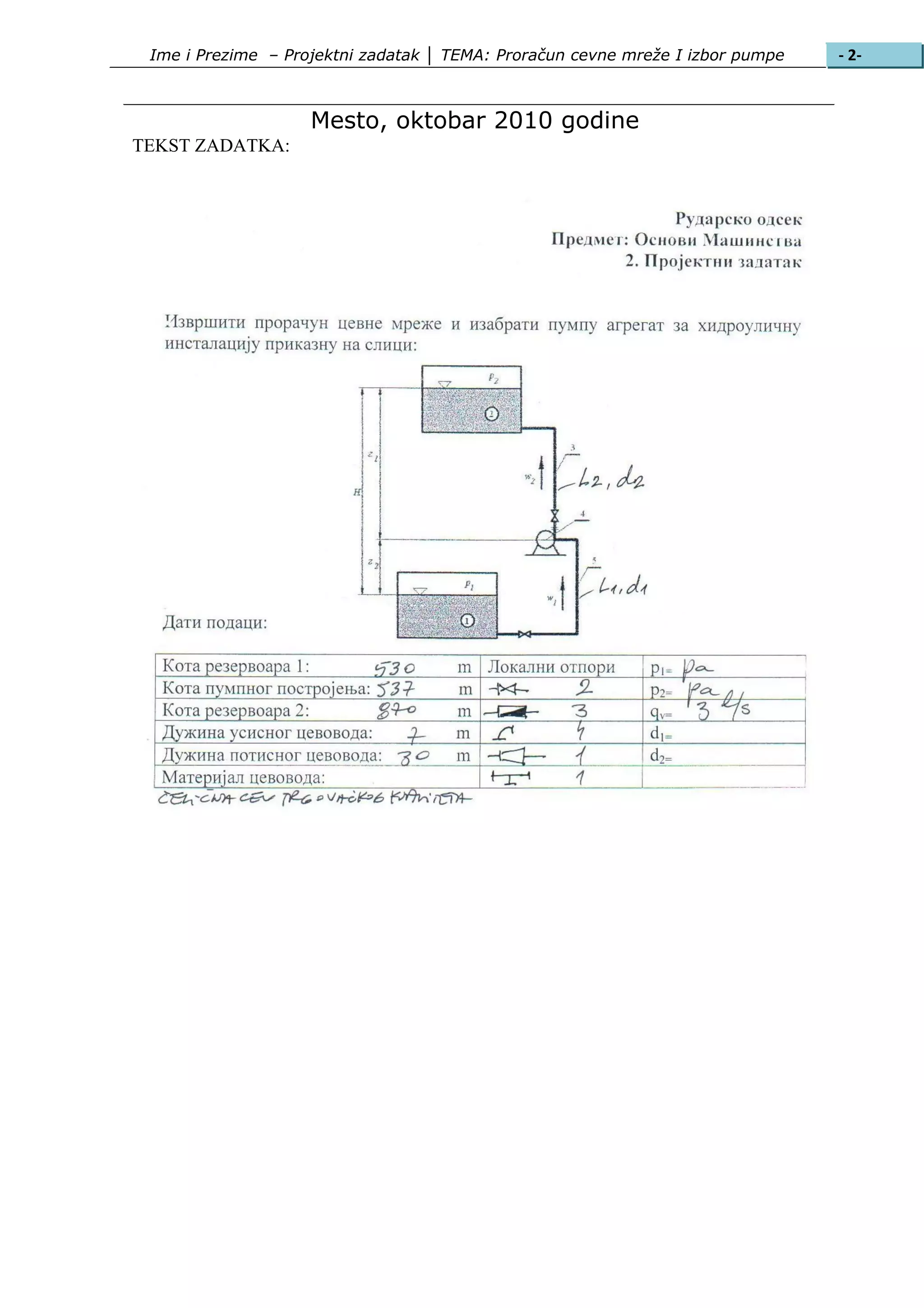 Izvrsiti proracun cevne mreze i izabrati pumpu agregat za datu hidraulicnu instalaciju | DOC