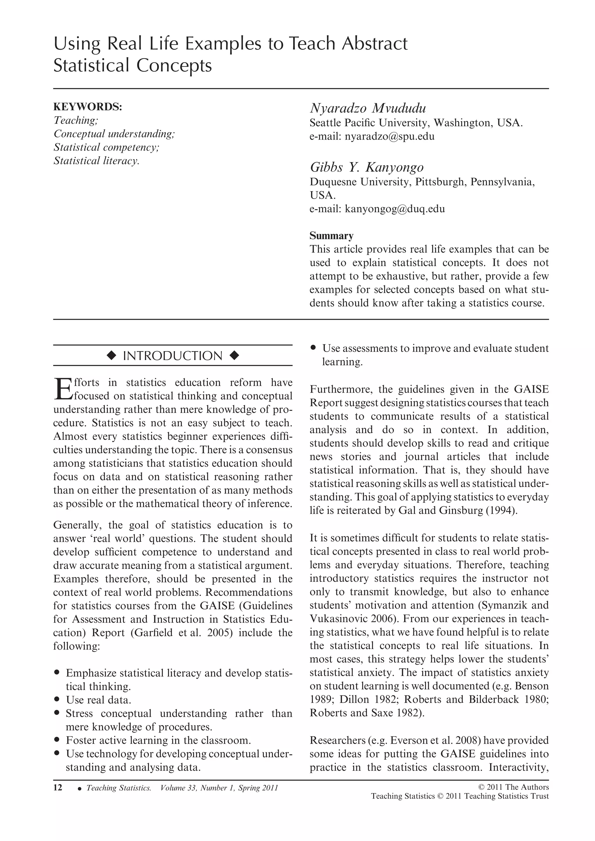 Using Real Life Examples to Teach Abstract Statistical Concepts | PDF