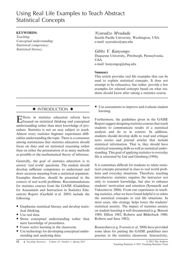 Using Real Life Examples to Teach Abstract Statistical Concepts | PDF