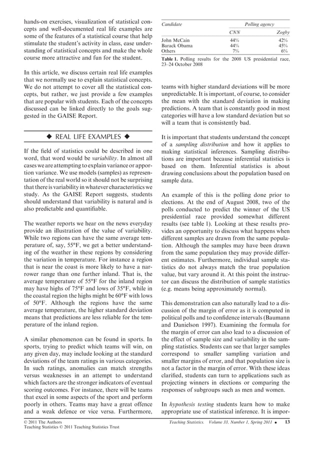 Using Real Life Examples to Teach Abstract Statistical Concepts | PDF