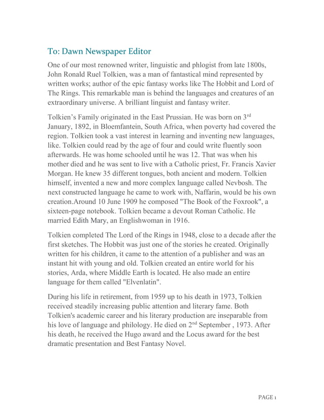J.R.R Tolkien Biography | PDF
