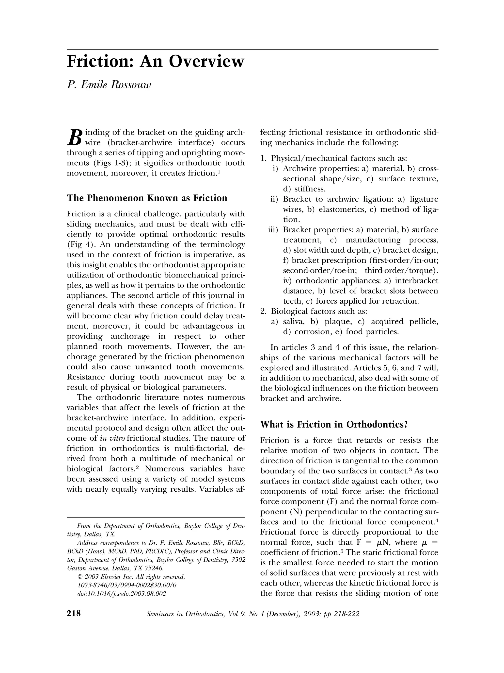 Friction in orthodontics | PDF