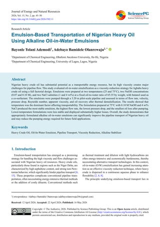 Emulsion-Based Pipeline Transport of Nigerian Heavy Oil Using Alkaline ...