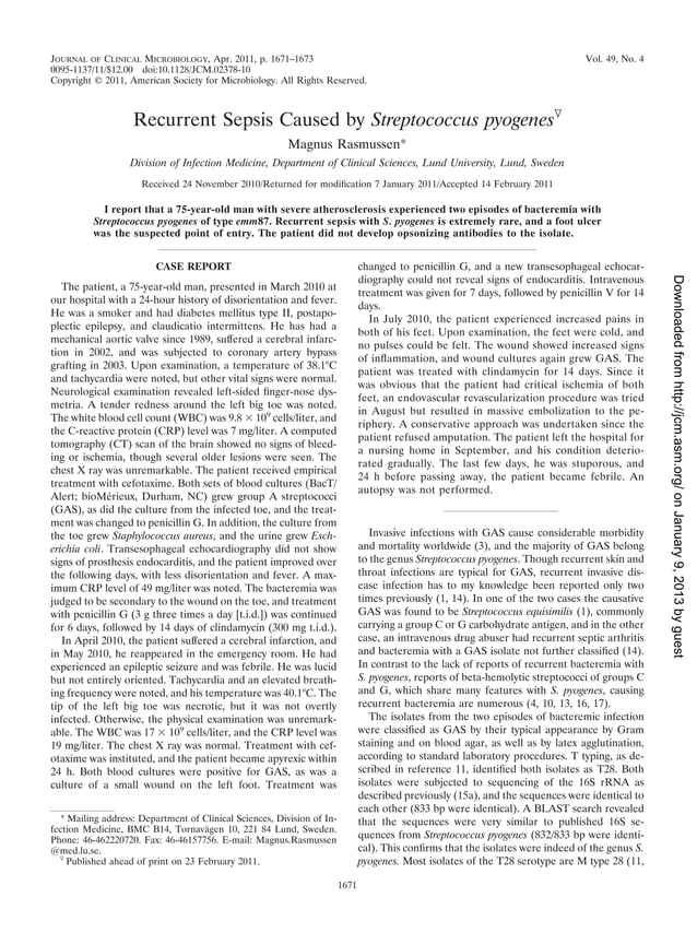 J. clin. microbiol. 2011-rasmussen-1671-3, Streptococcus pyogenes | PDF ...