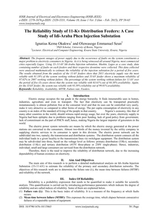 The Reliability Study of 11-Kv Distribution Feeders: A Case Study of Idi-Araba Phcn Injection ...