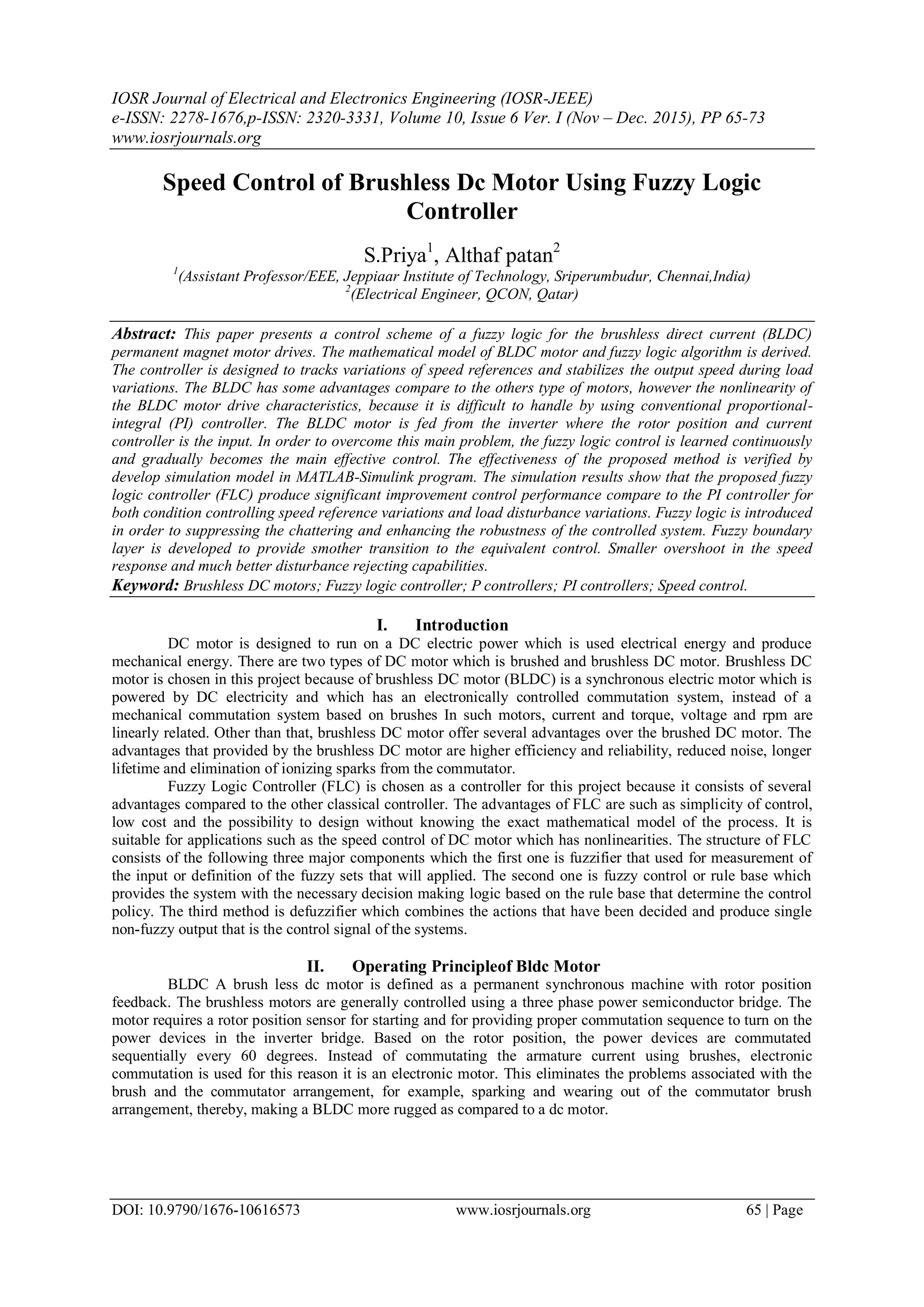 Speed Control of Brushless Dc Motor Using Fuzzy Logic Controller | PDF