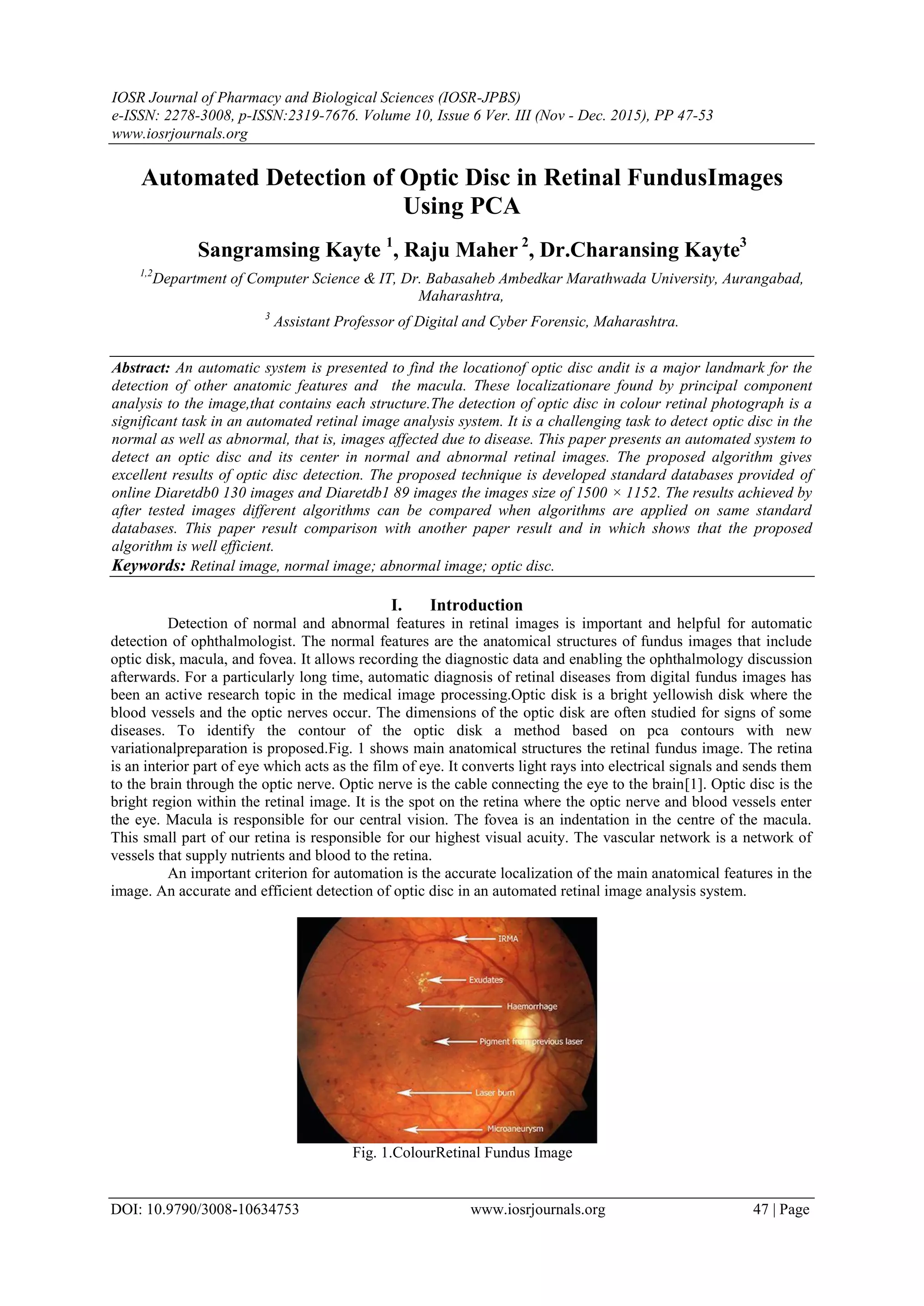 Automated Detection of Optic Disc in Retinal FundusImages Using PCA | PDF