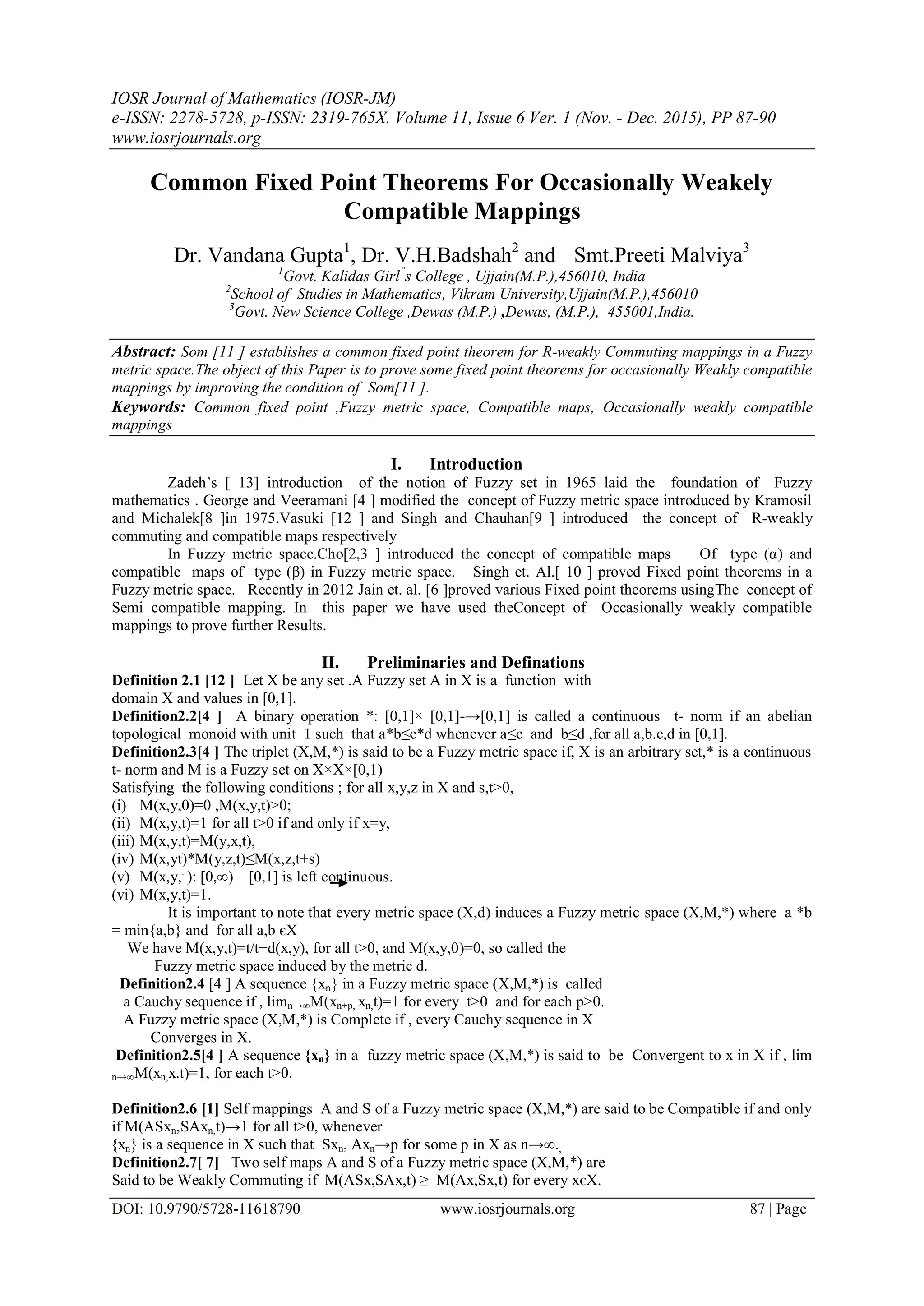 Common Fixed Point Theorems For Occasionally Weakely Compatible Mappings | PDF