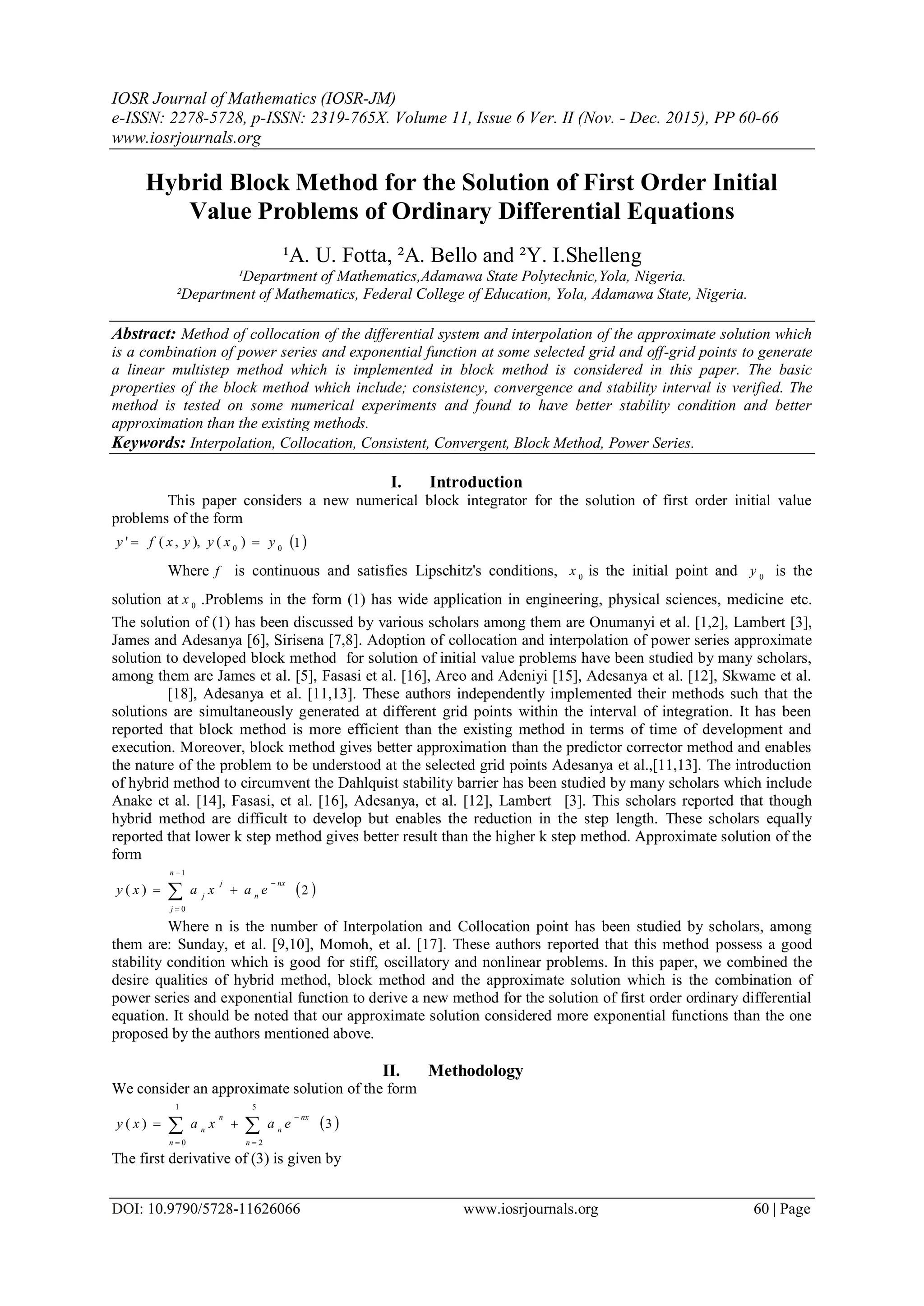 Hybrid Block Method For The Solution Of First Order Initial Value Problems Of Ordinary