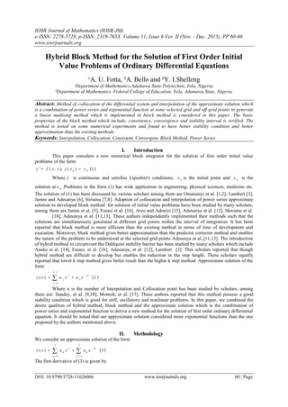Hybrid Block Method for the Solution of First Order Initial Value Problems of Ordinary ...