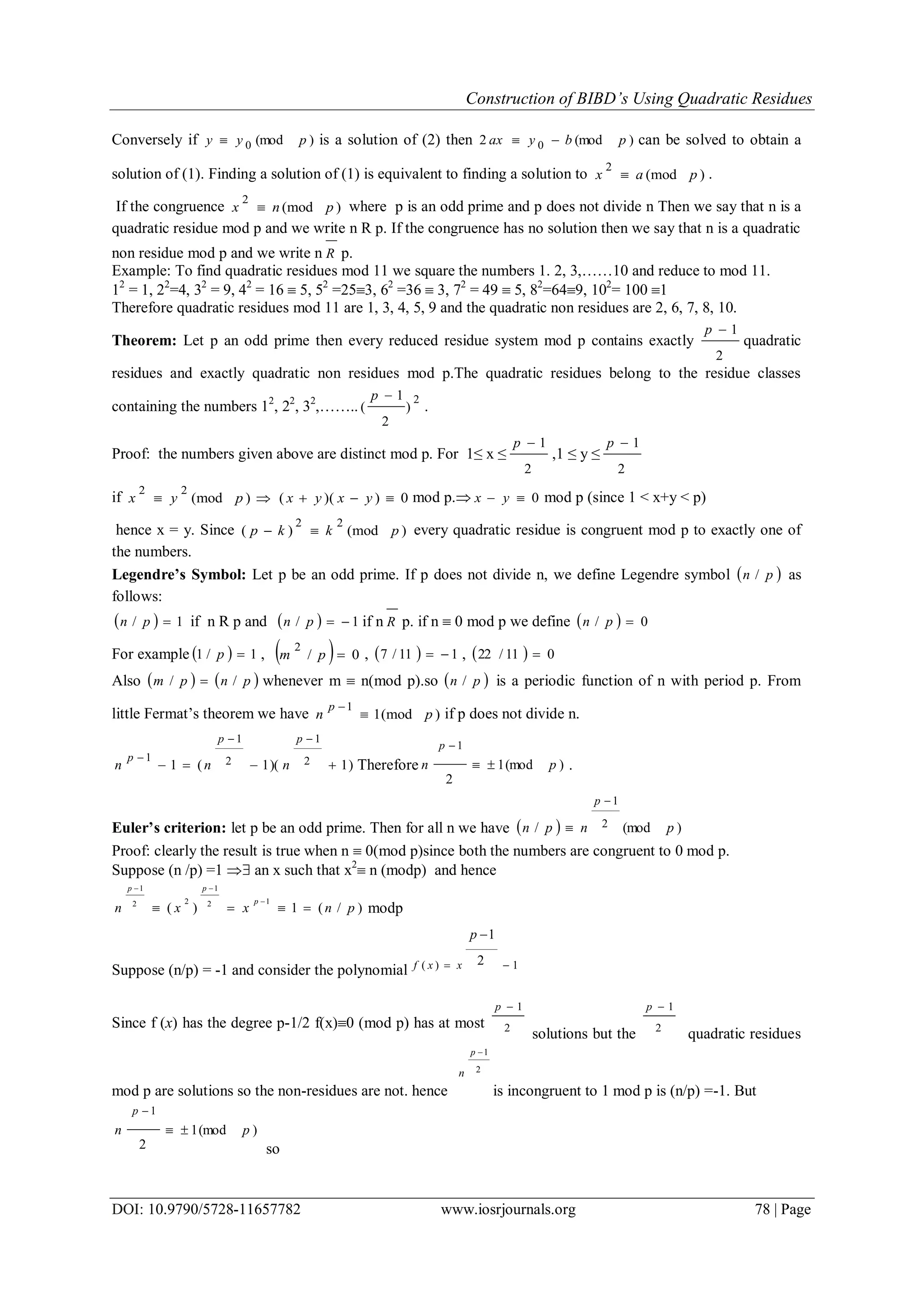 Construction of BIBD’s Using Quadratic Residues | PDF