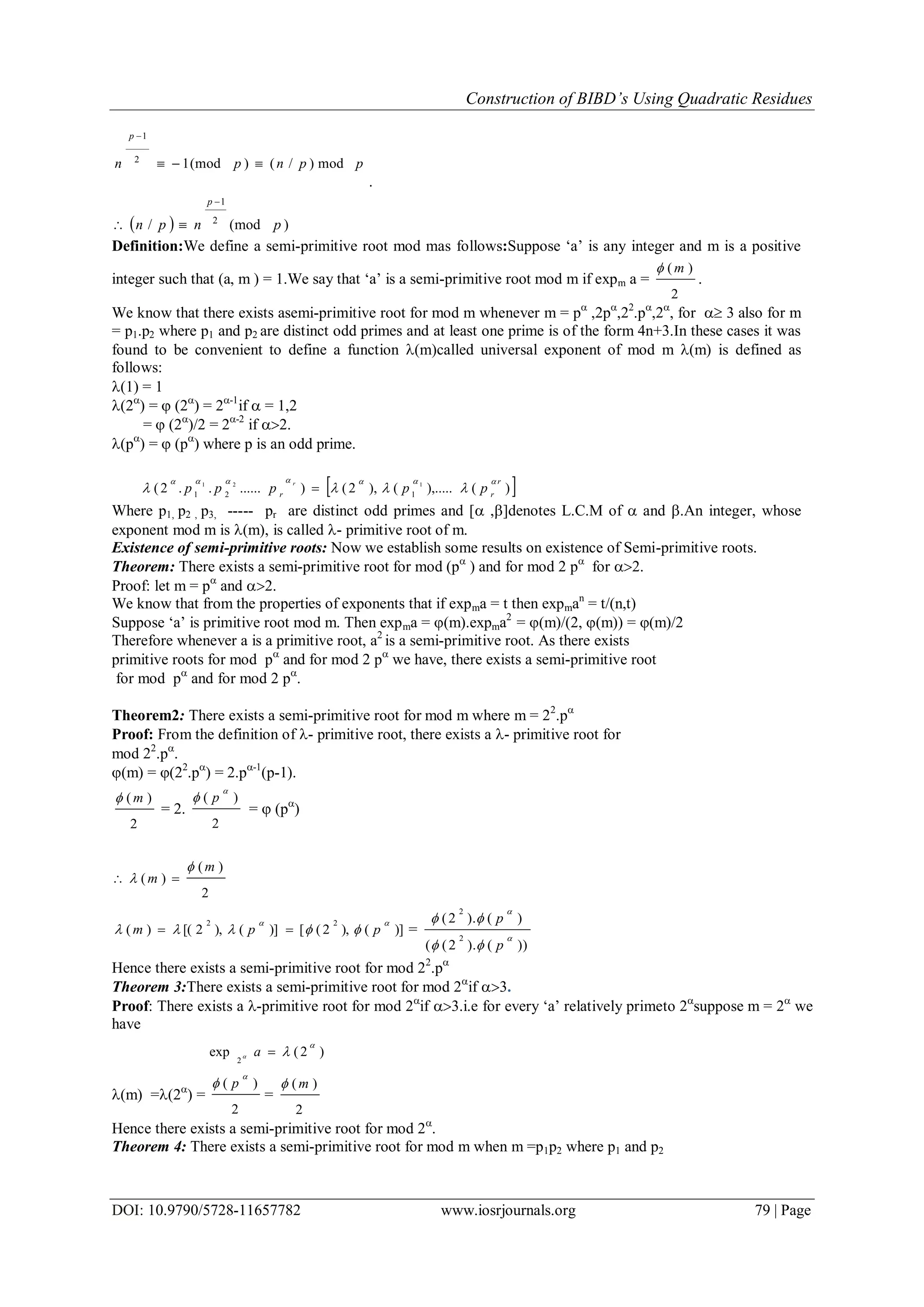 Construction of BIBD’s Using Quadratic Residues | PDF