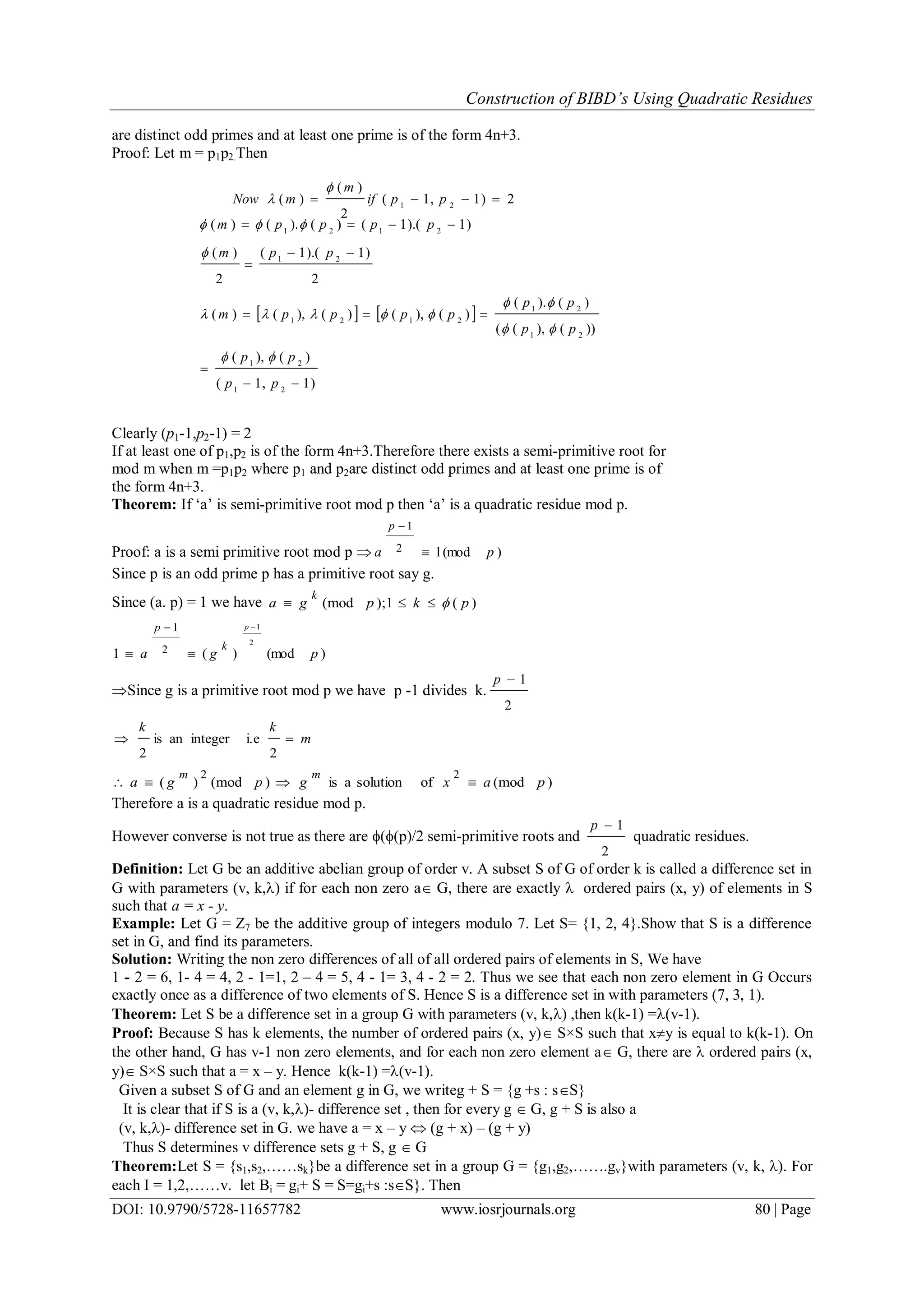 Construction of BIBD’s Using Quadratic Residues | PDF