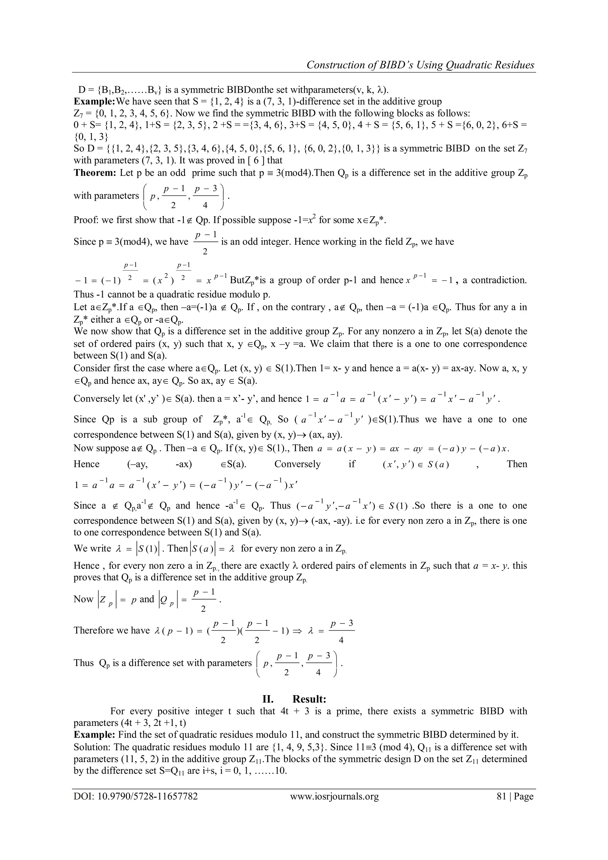Construction of BIBD’s Using Quadratic Residues | PDF