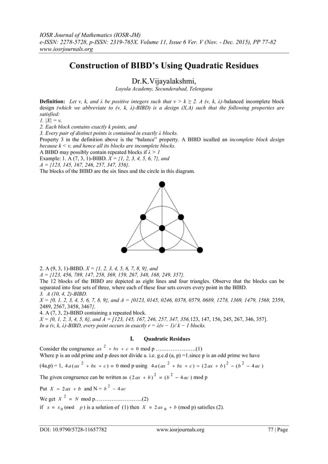 Construction of BIBD’s Using Quadratic Residues | PDF