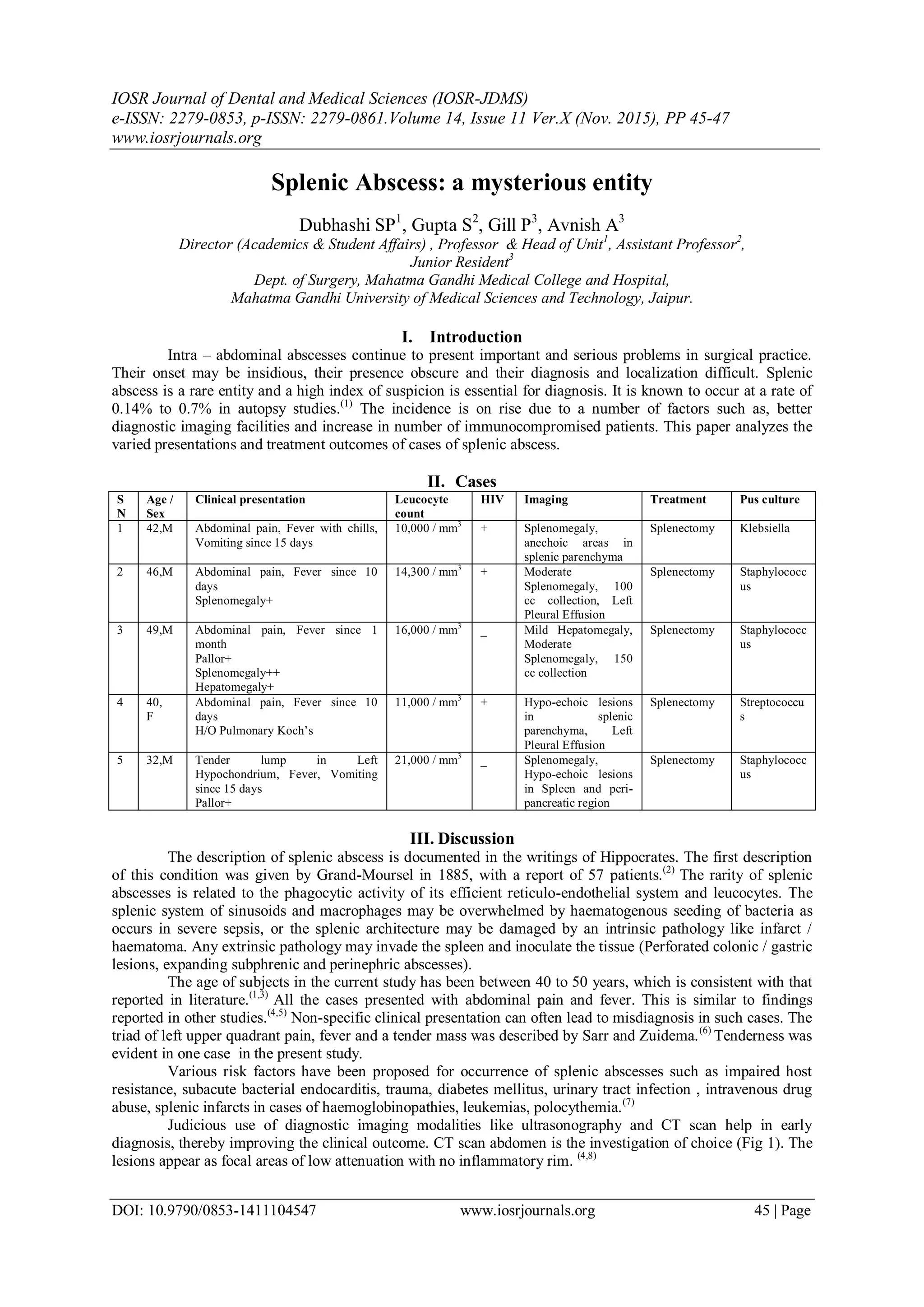 Splenic Abscess: a mysterious entity | PDF