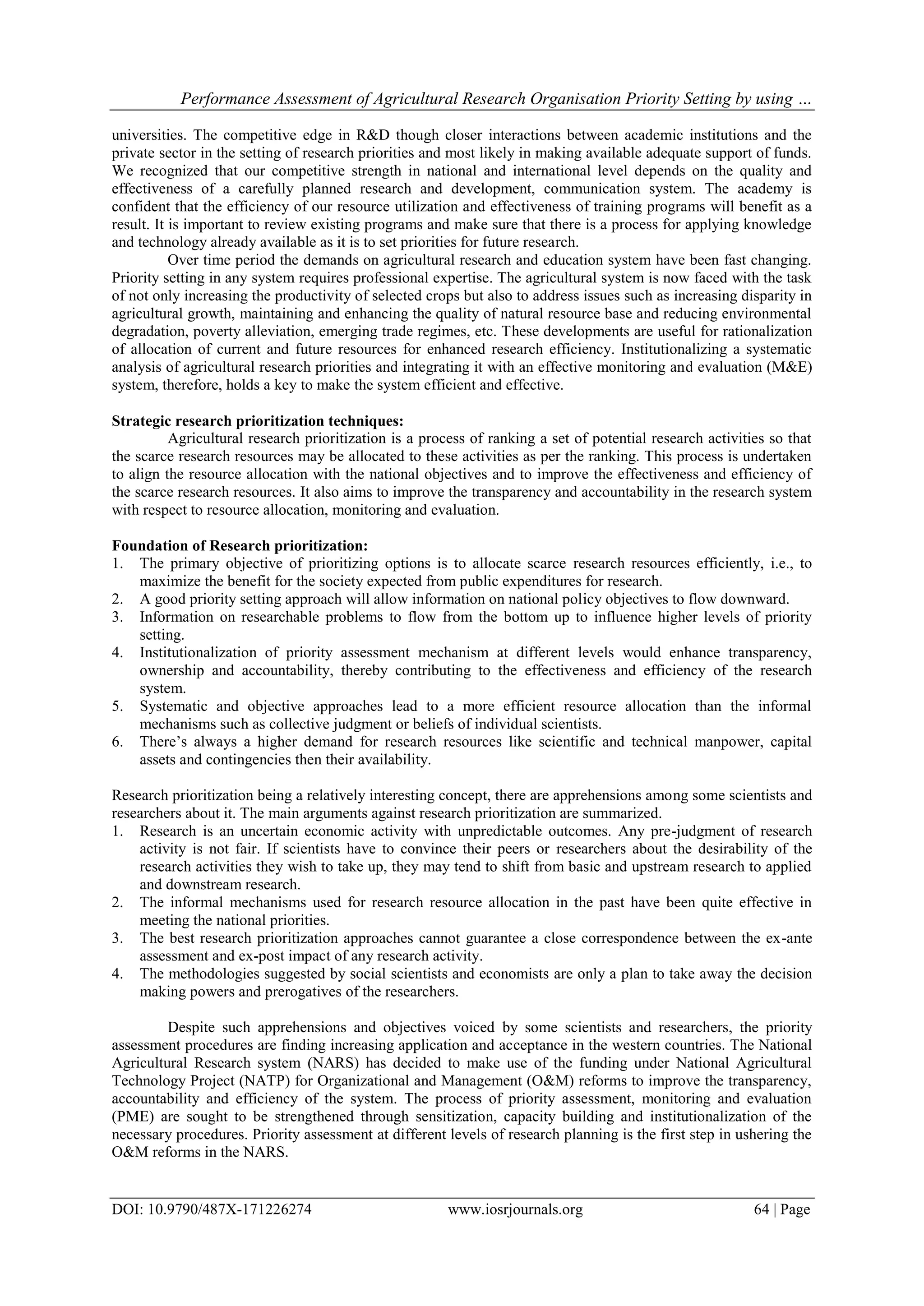 Performance Assessment of Agricultural Research Organisation Priority Setting by using Balanced ...