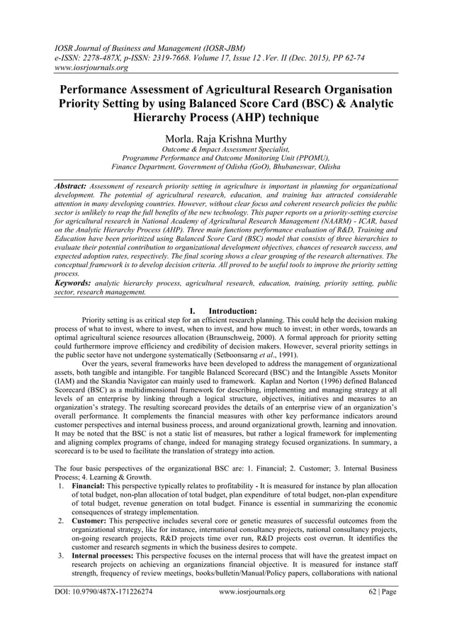 Performance Assessment of Agricultural Research Organisation Priority Setting by using Balanced ...