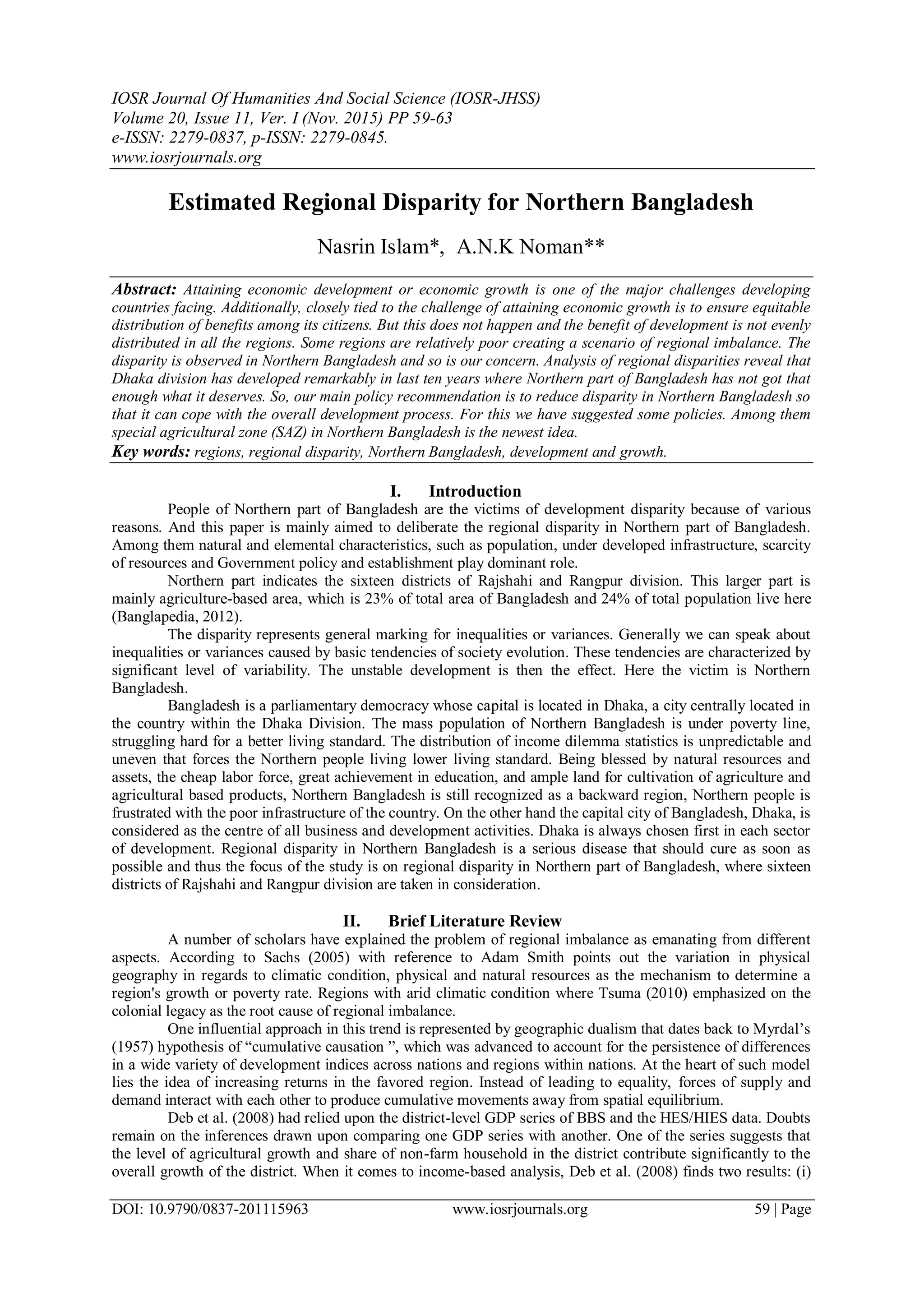 Estimated Regional Disparity for Northern Bangladesh | PDF