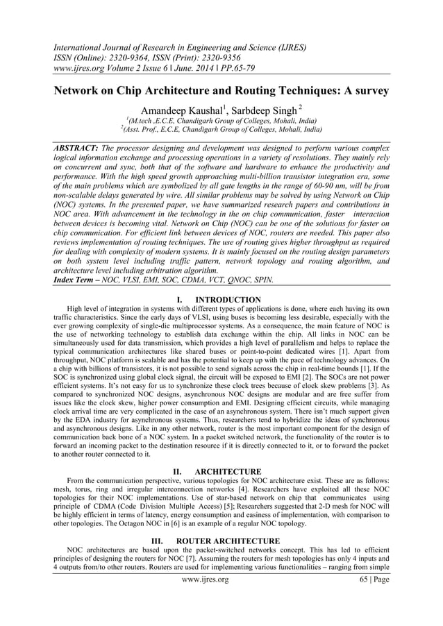 Network on Chip Architecture and Routing Techniques: A survey | PDF