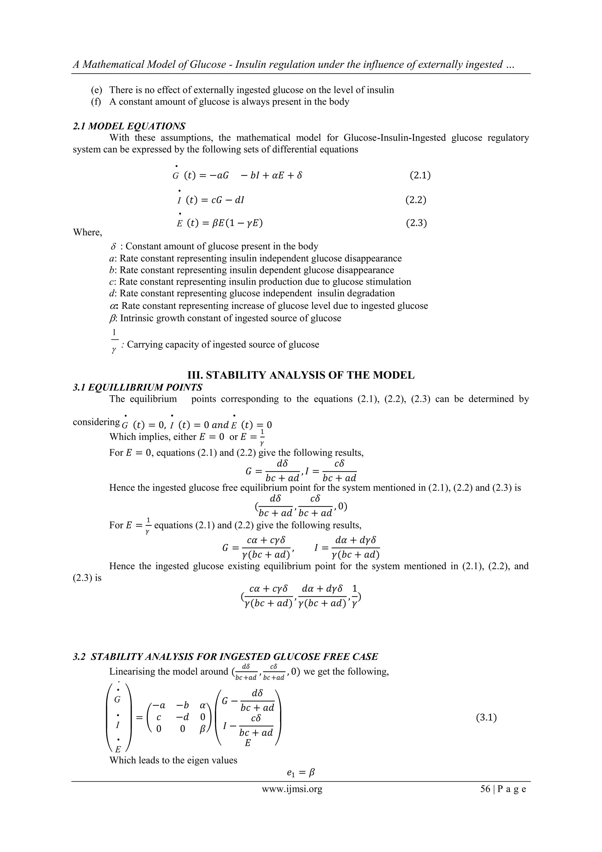 A Mathematical Model of Glucose - Insulin regulation under the ...
