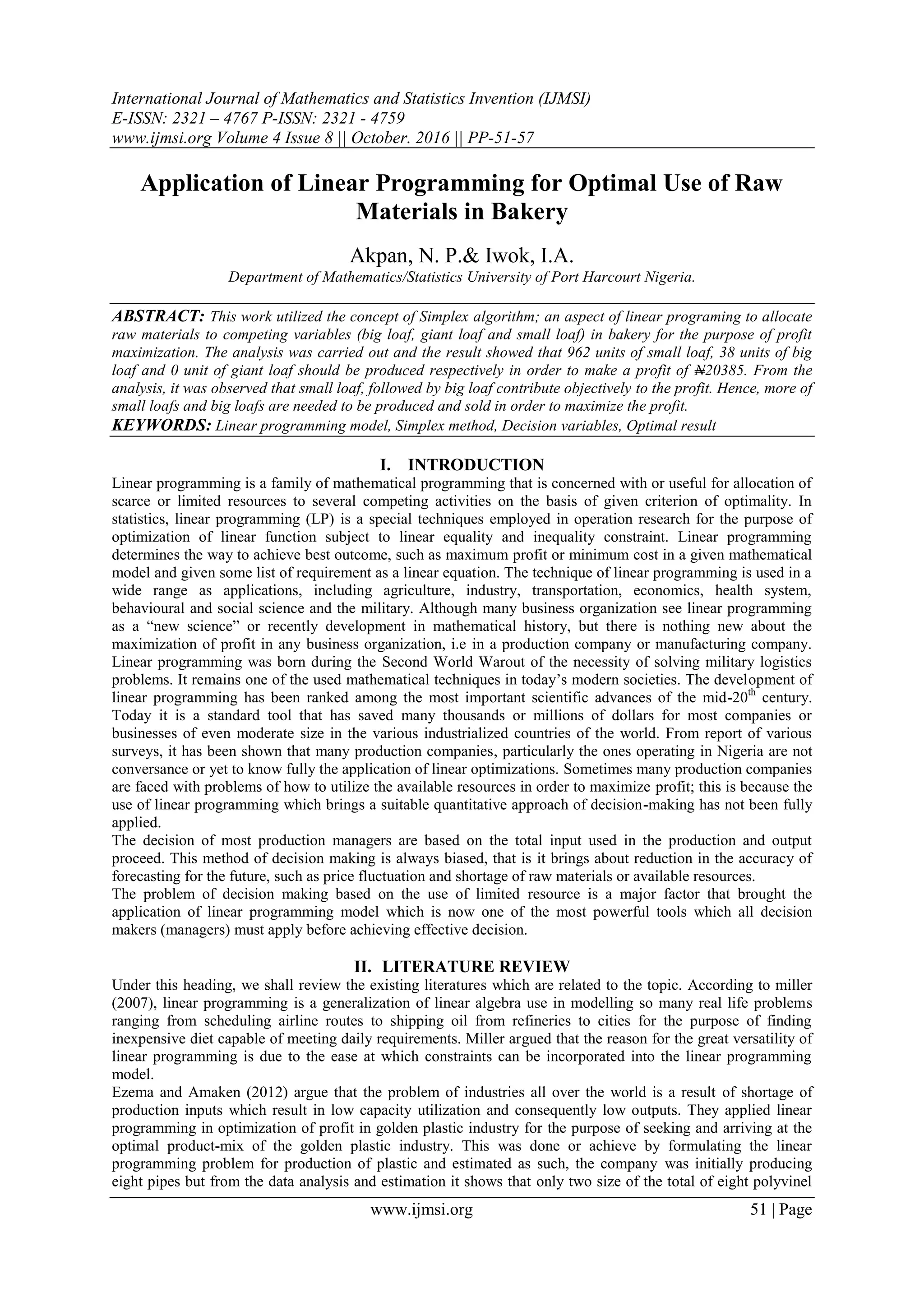 Application of Linear Programming for Optimal Use of Raw Materials in ...