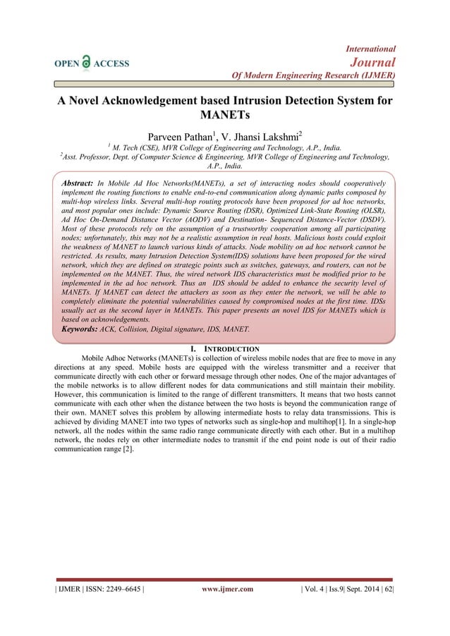 A Novel Acknowledgement based Intrusion Detection System for MANETs | PDF