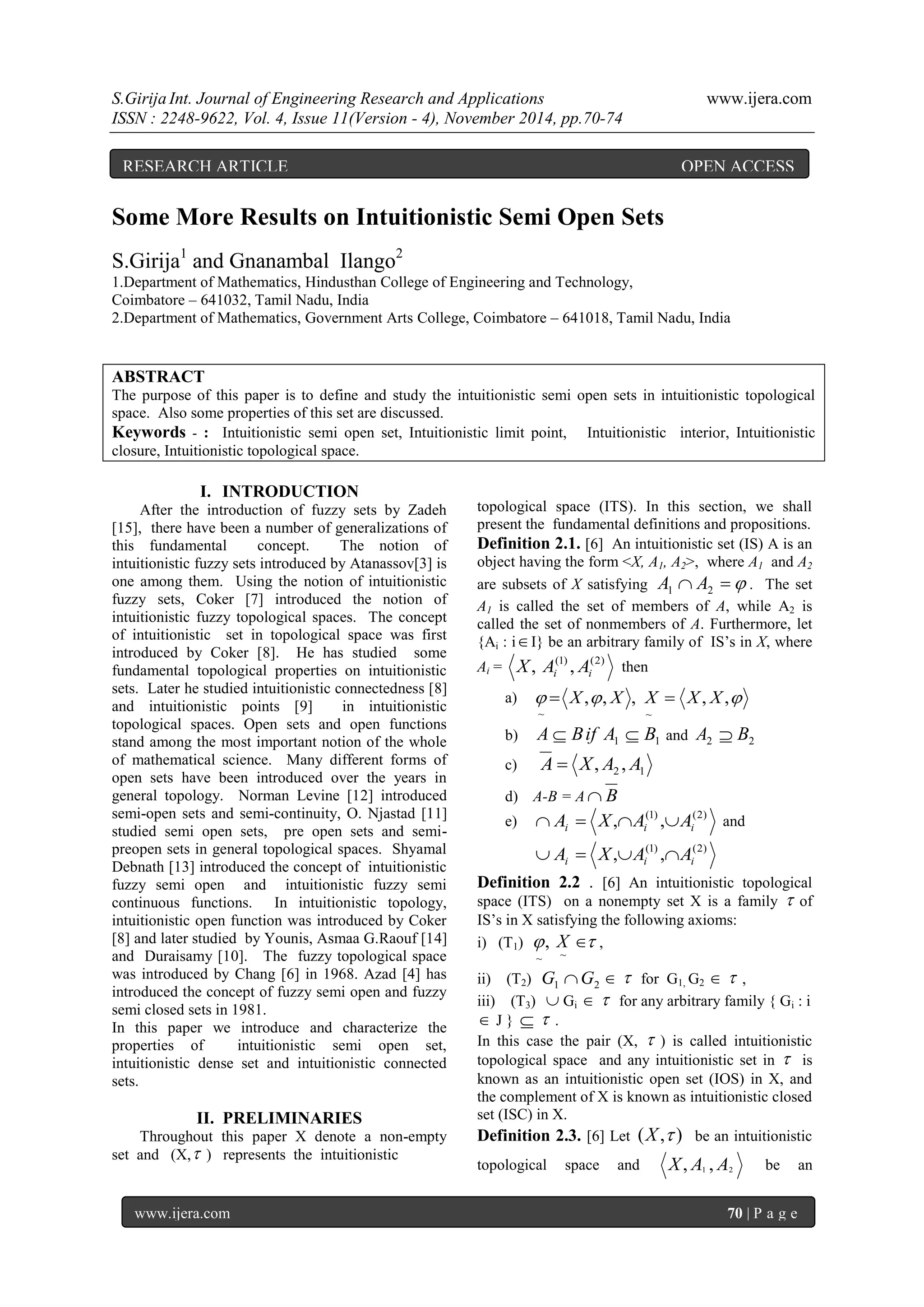 Some More Results on Intuitionistic Semi Open Sets | PDF