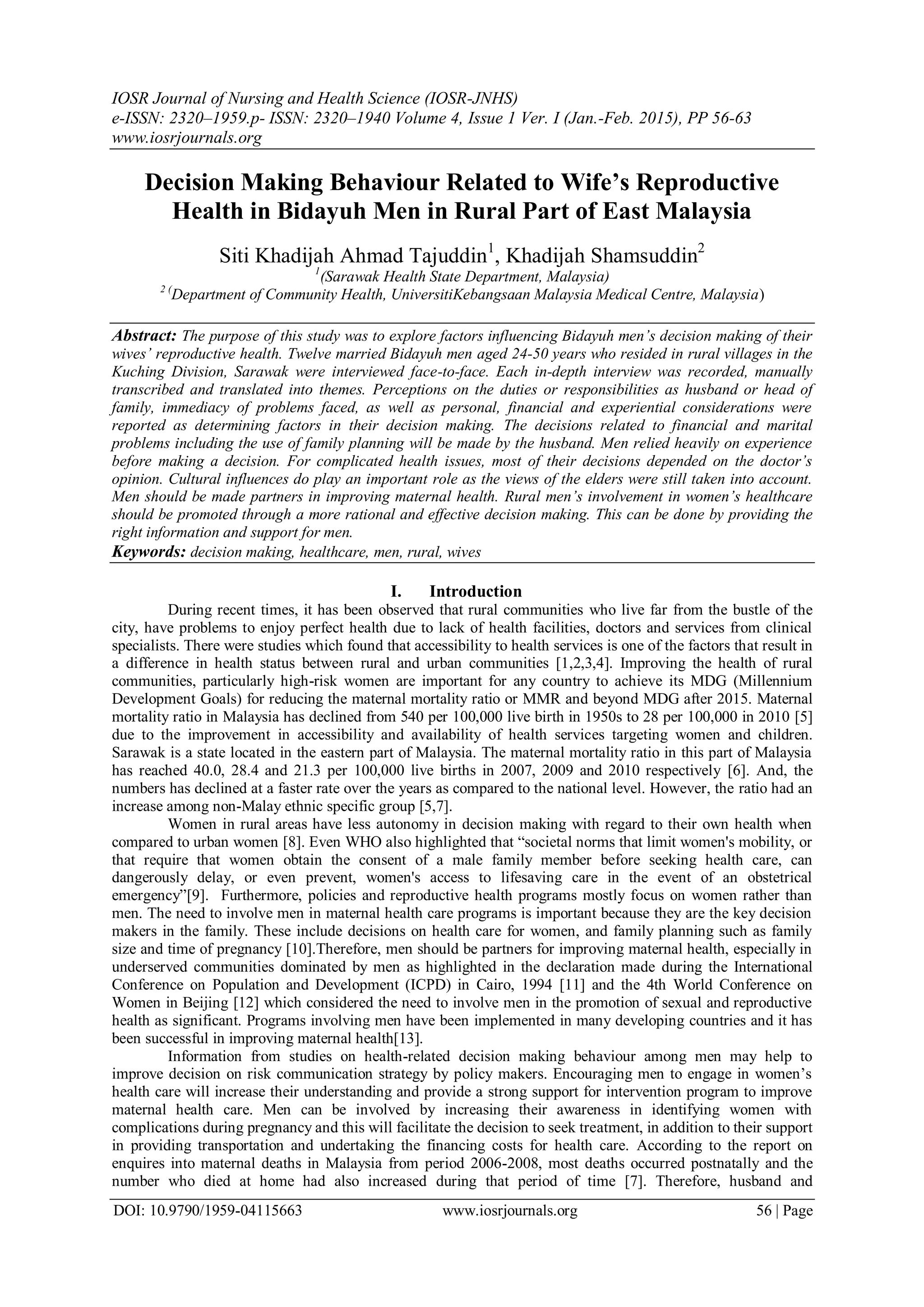 Decision Making Behaviour Related to Wife’s Reproductive Health in ...