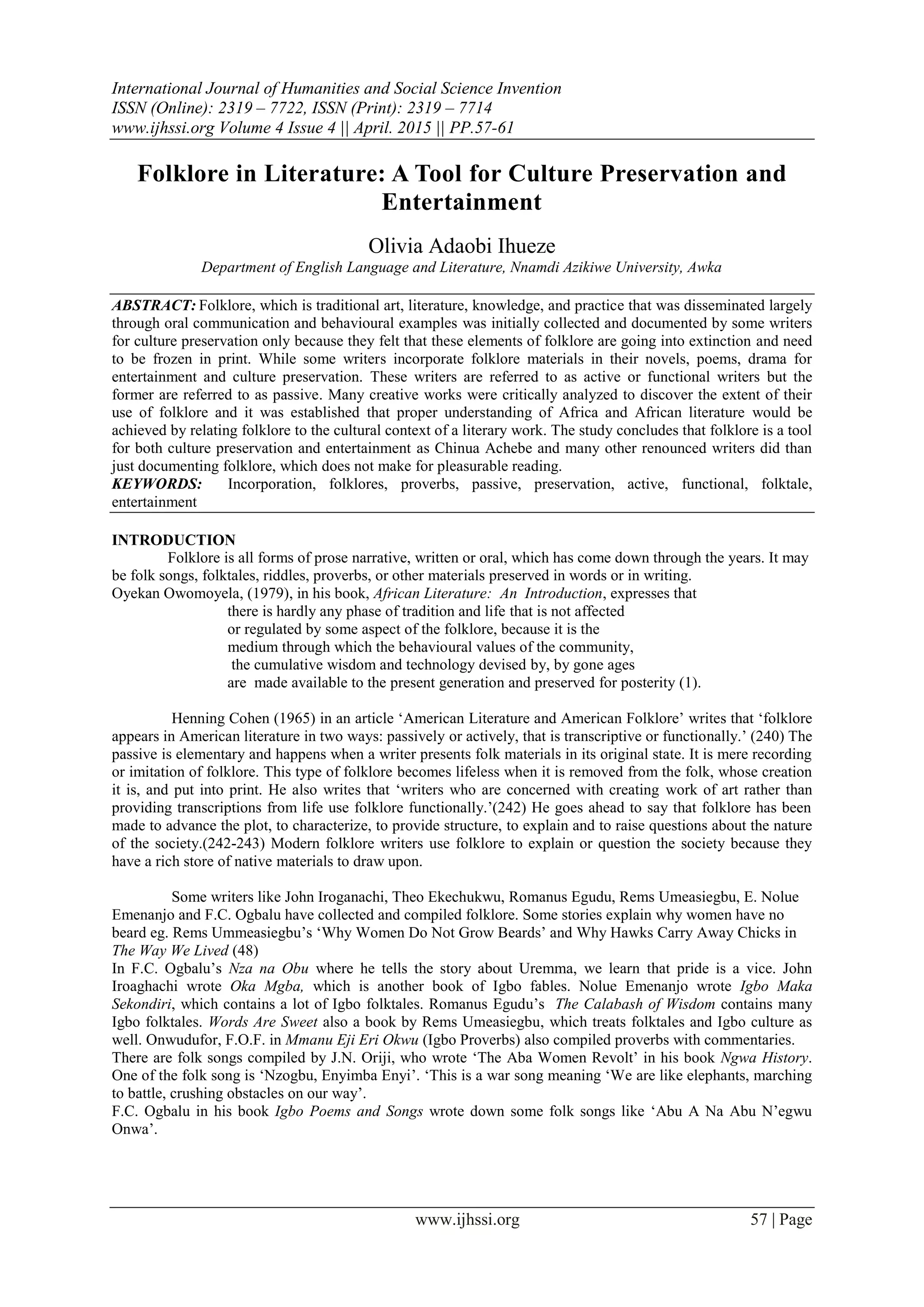 Folklore in Literature: A Tool for Culture Preservation and ...