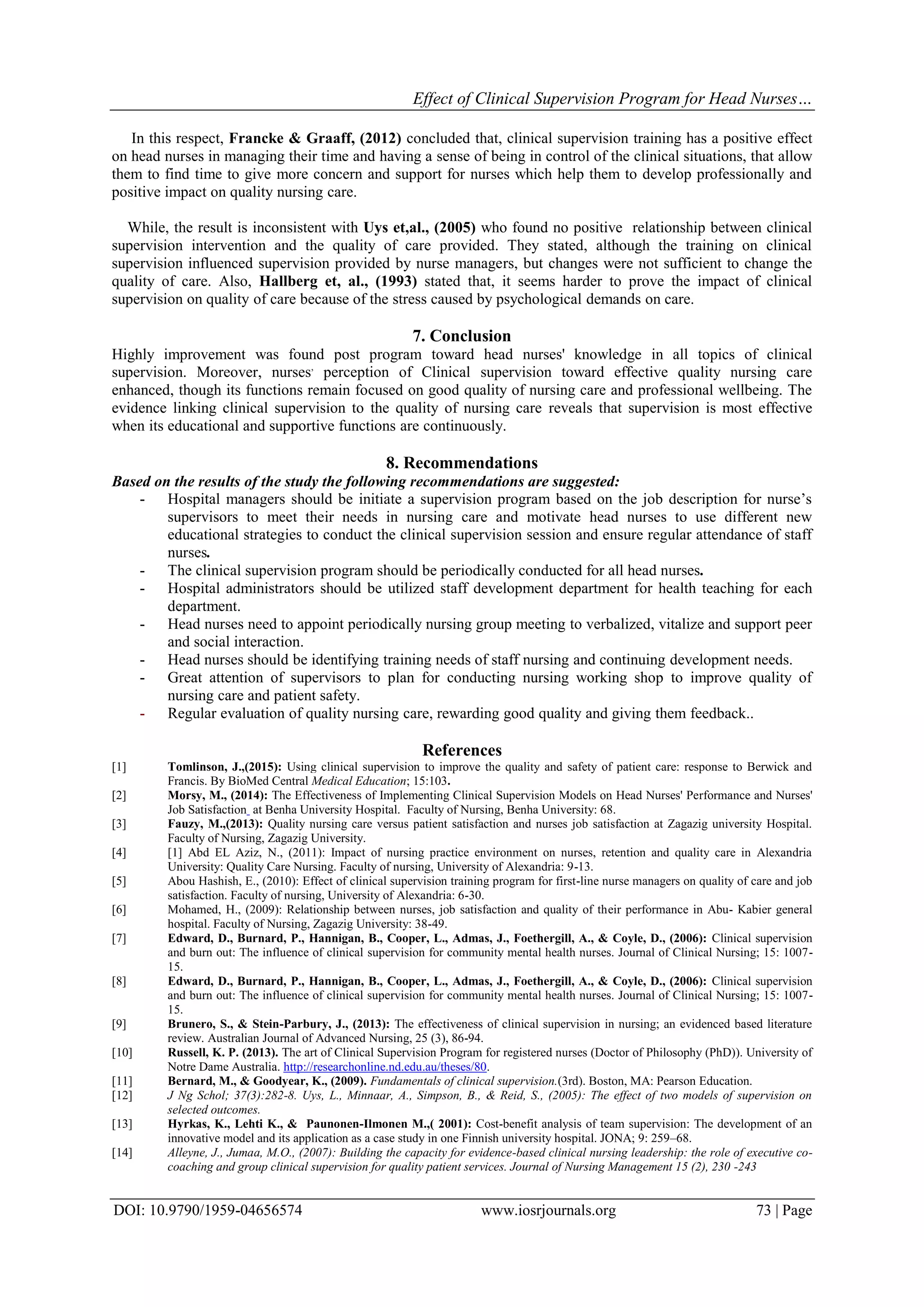 Effect of Clinical Supervision Program for Head Nurses on Quality Nursing Care | PDF