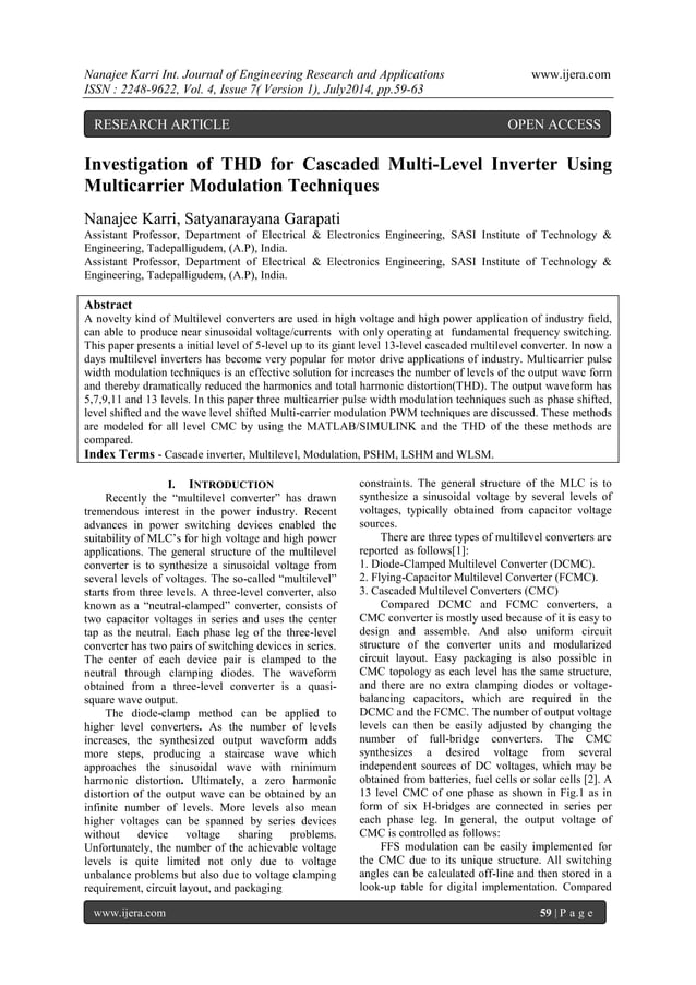 Investigation of THD for Cascaded Multi-Level Inverter Using Multicarrier Modulation Techniques ...