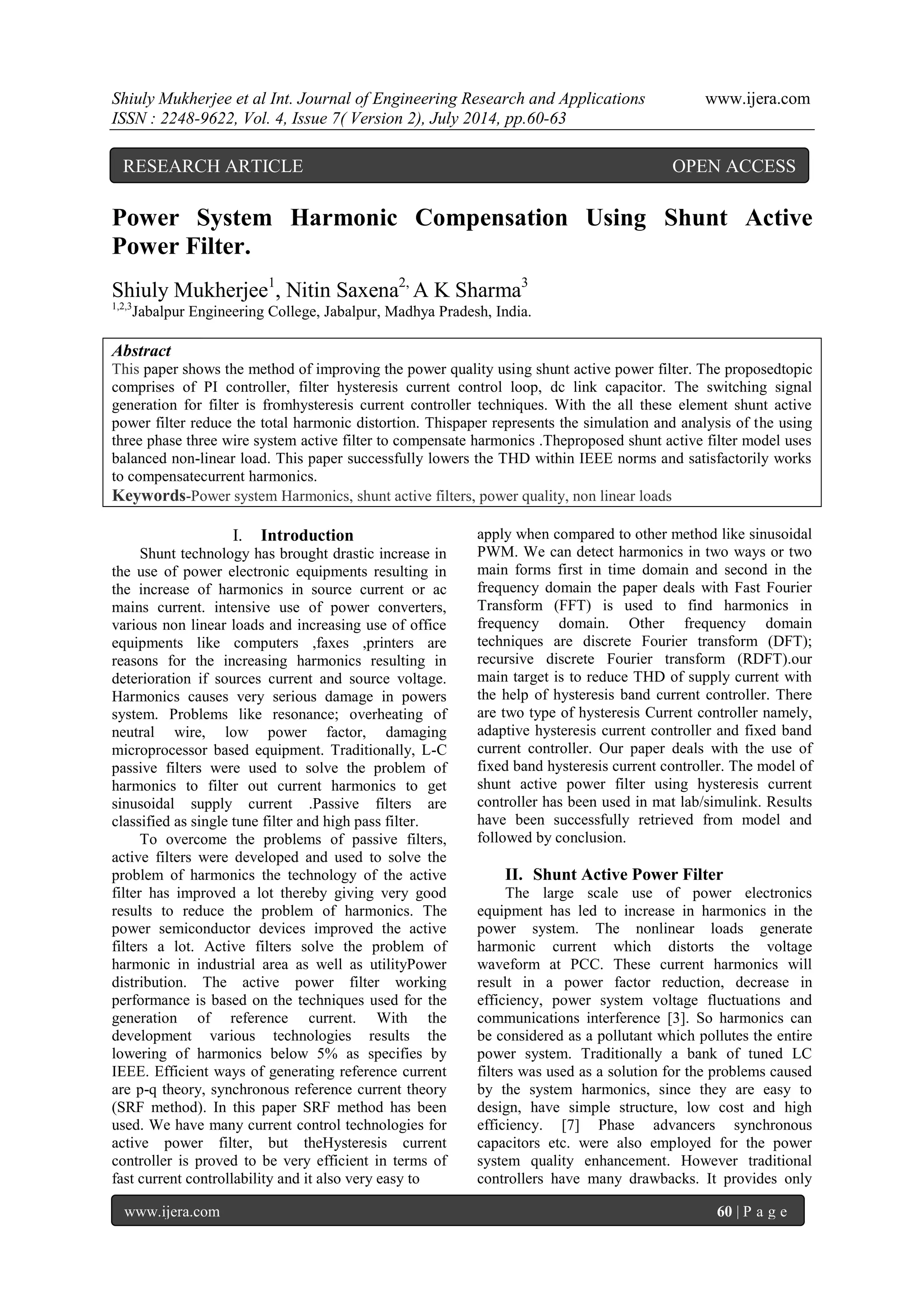 Power System Harmonic Compensation Using Shunt Active Power Filter | PDF
