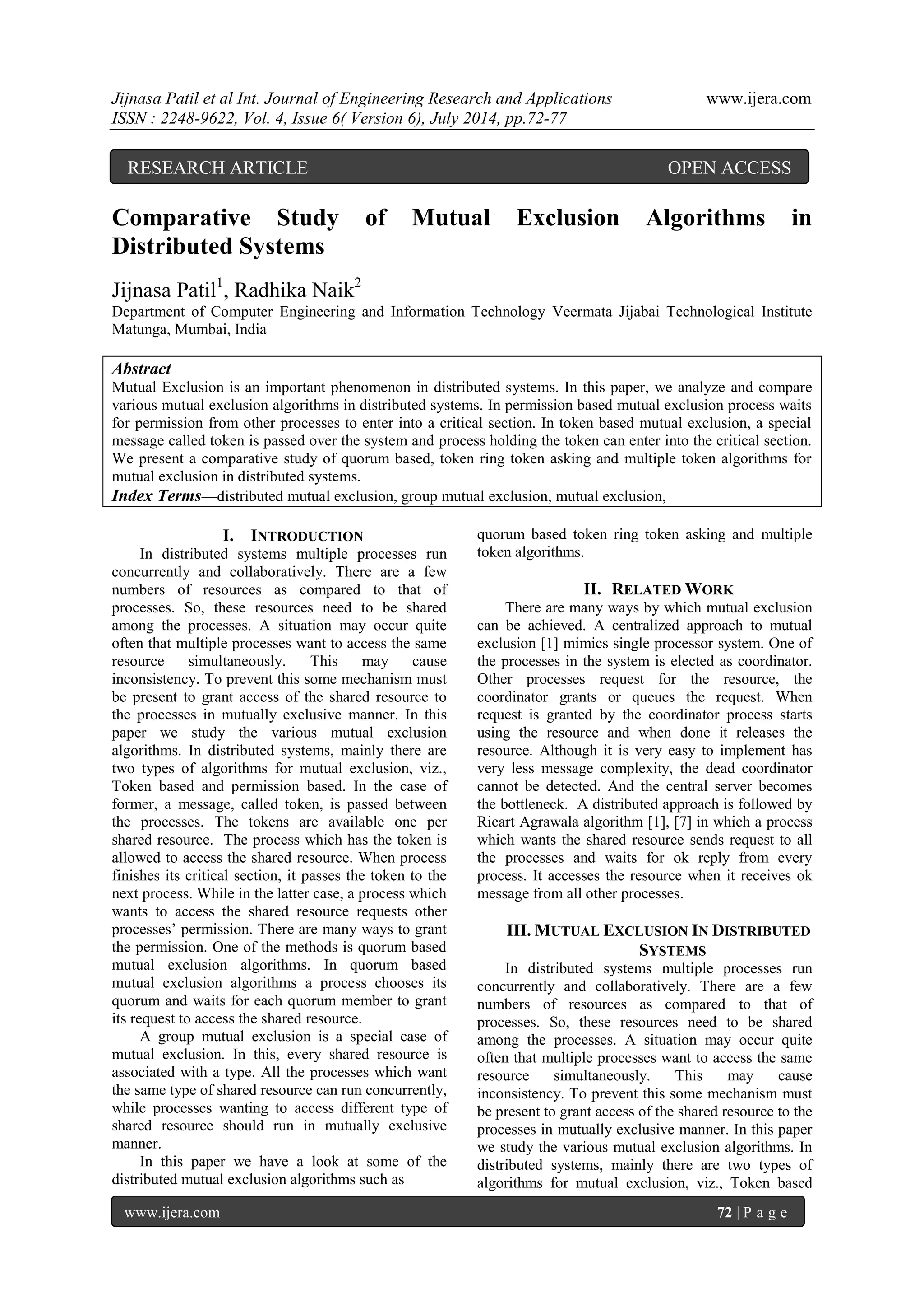 Comparative Study of Mutual Exclusion Algorithms in Distributed Systems | PDF