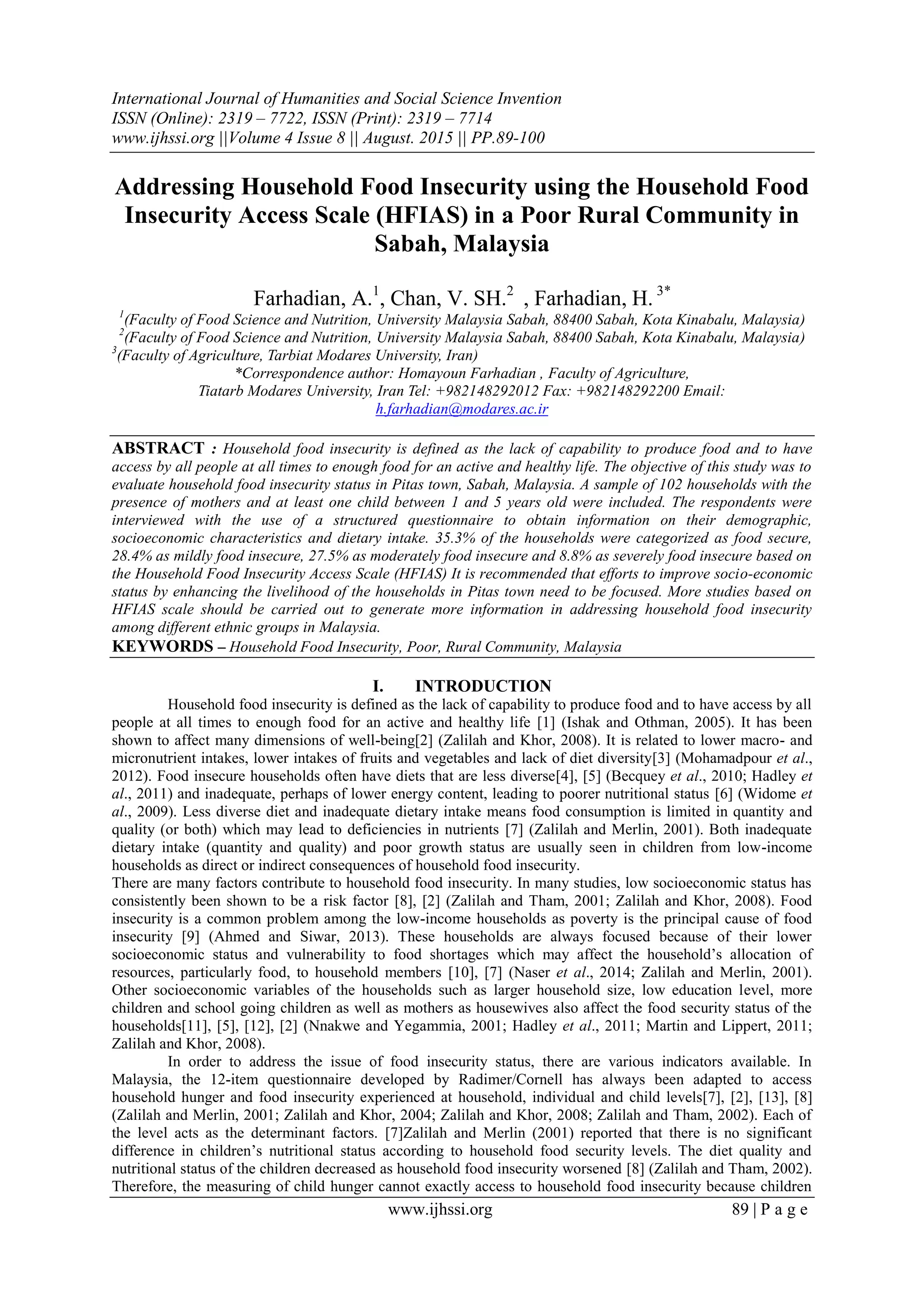 Addressing Household Food Insecurity using the Household Food ...