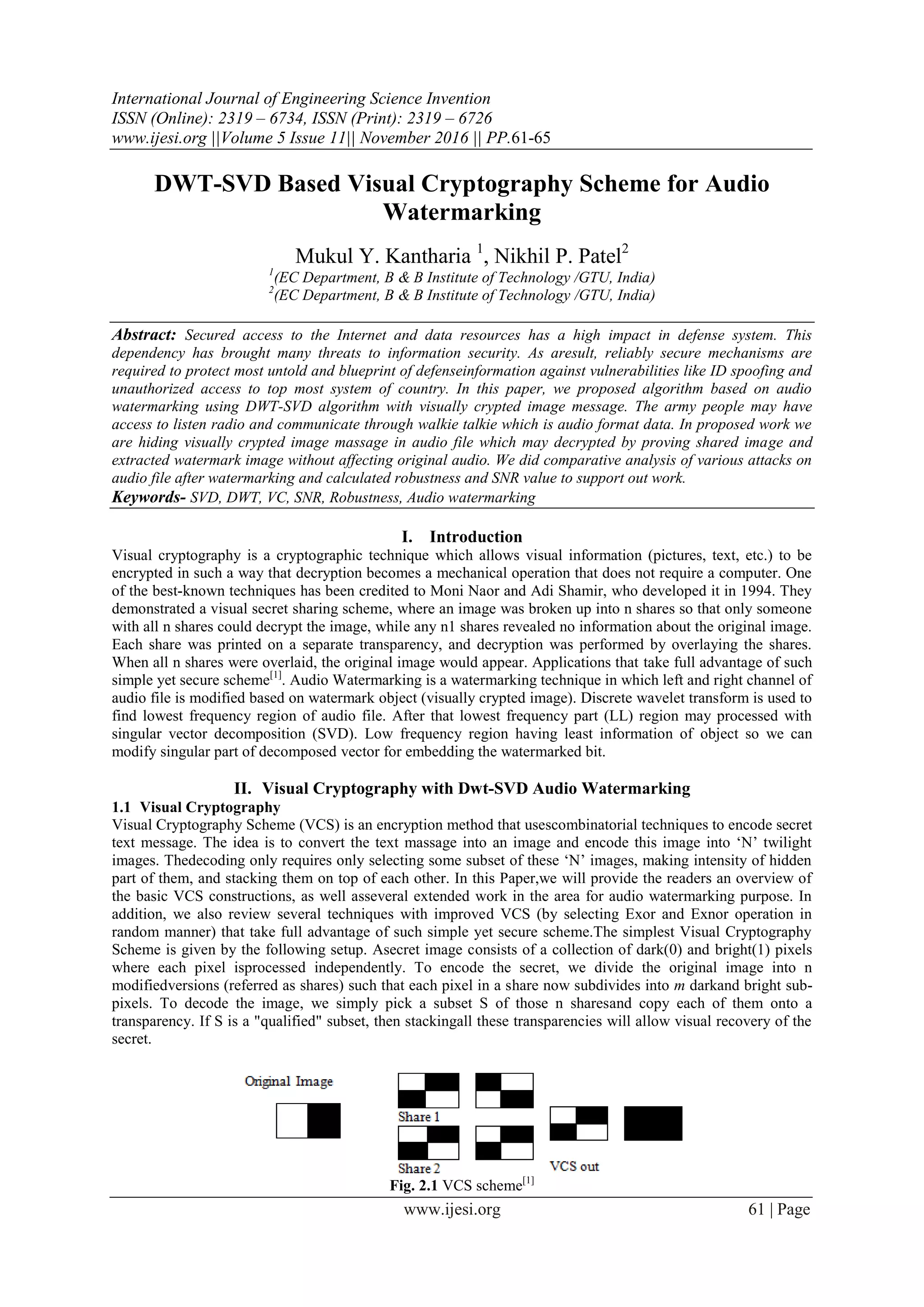 Dwt Svd Based Visual Cryptography Scheme For Audio Watermarking Pdf