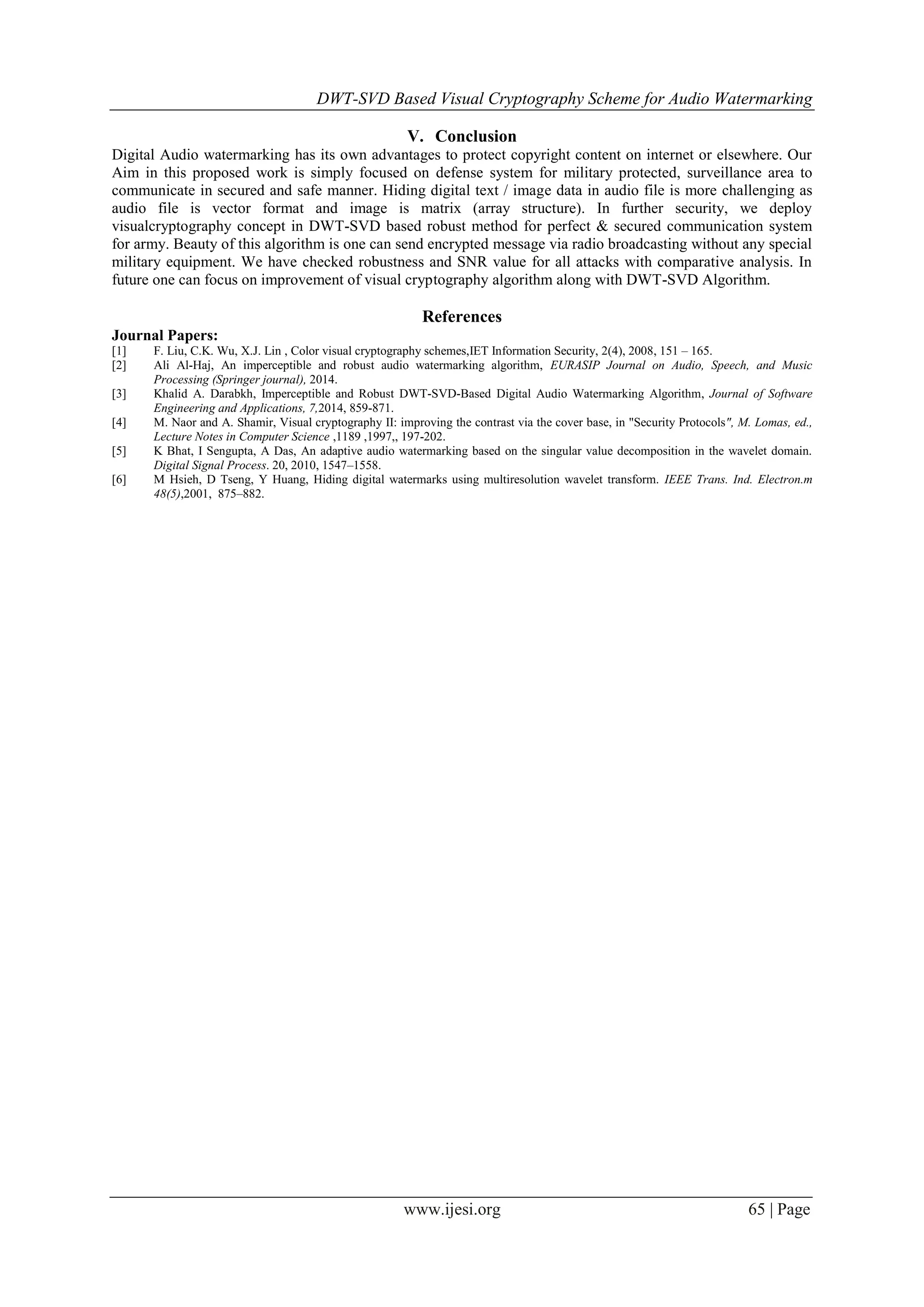 Dwt Svd Based Visual Cryptography Scheme For Audio Watermarking Pdf