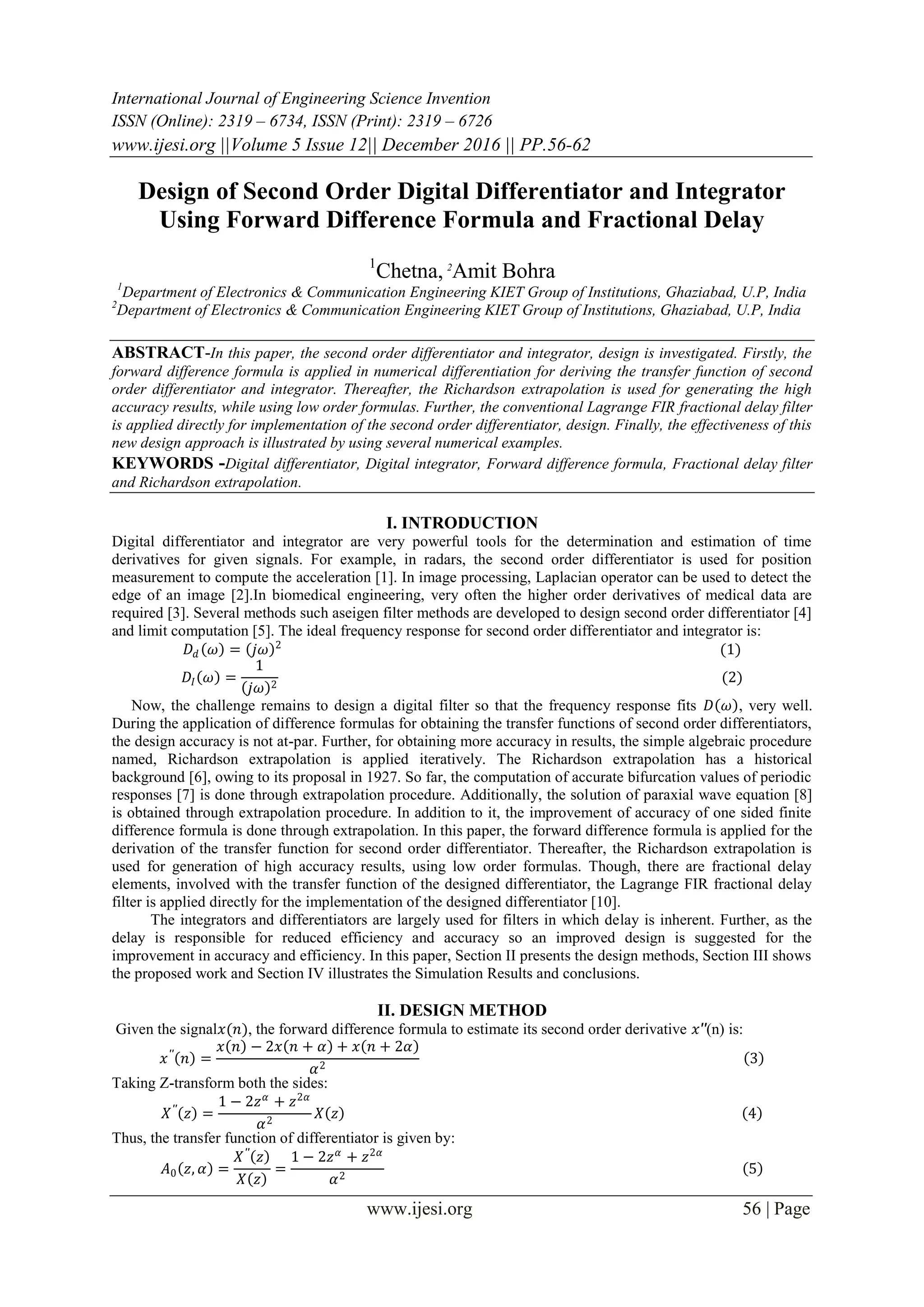 Design Of Second Order Digital Differentiator And Integrator Using Forward Difference Formula