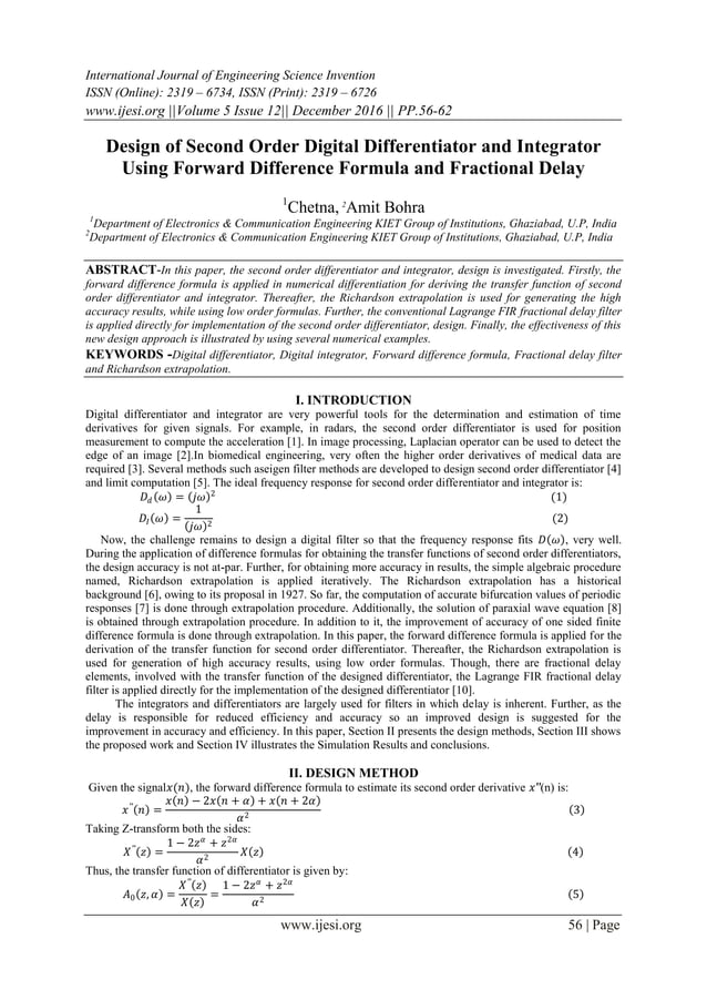 Design of Second Order Digital Differentiator and Integrator Using ...
