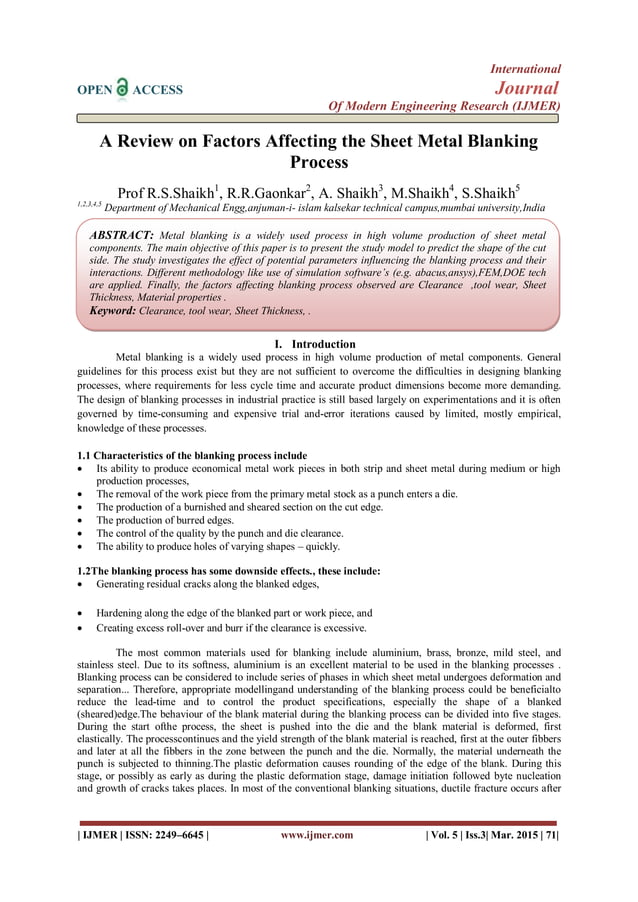 A Review on Factors Affecting the Sheet Metal Blanking Process | PDF | Woodworking | Arts and Crafts