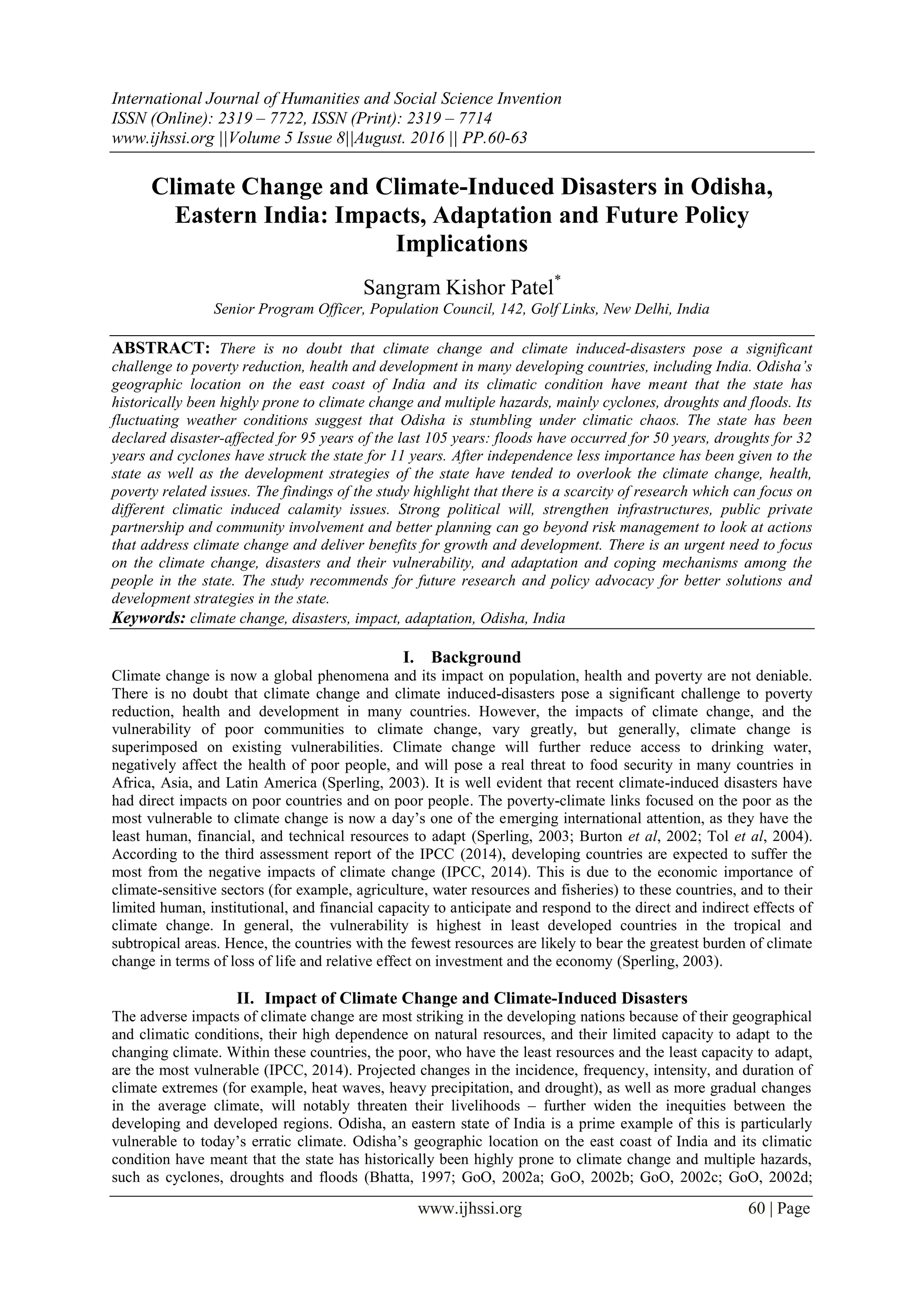 Climate Change and Climate-Induced Disasters in Odisha, Eastern India ...