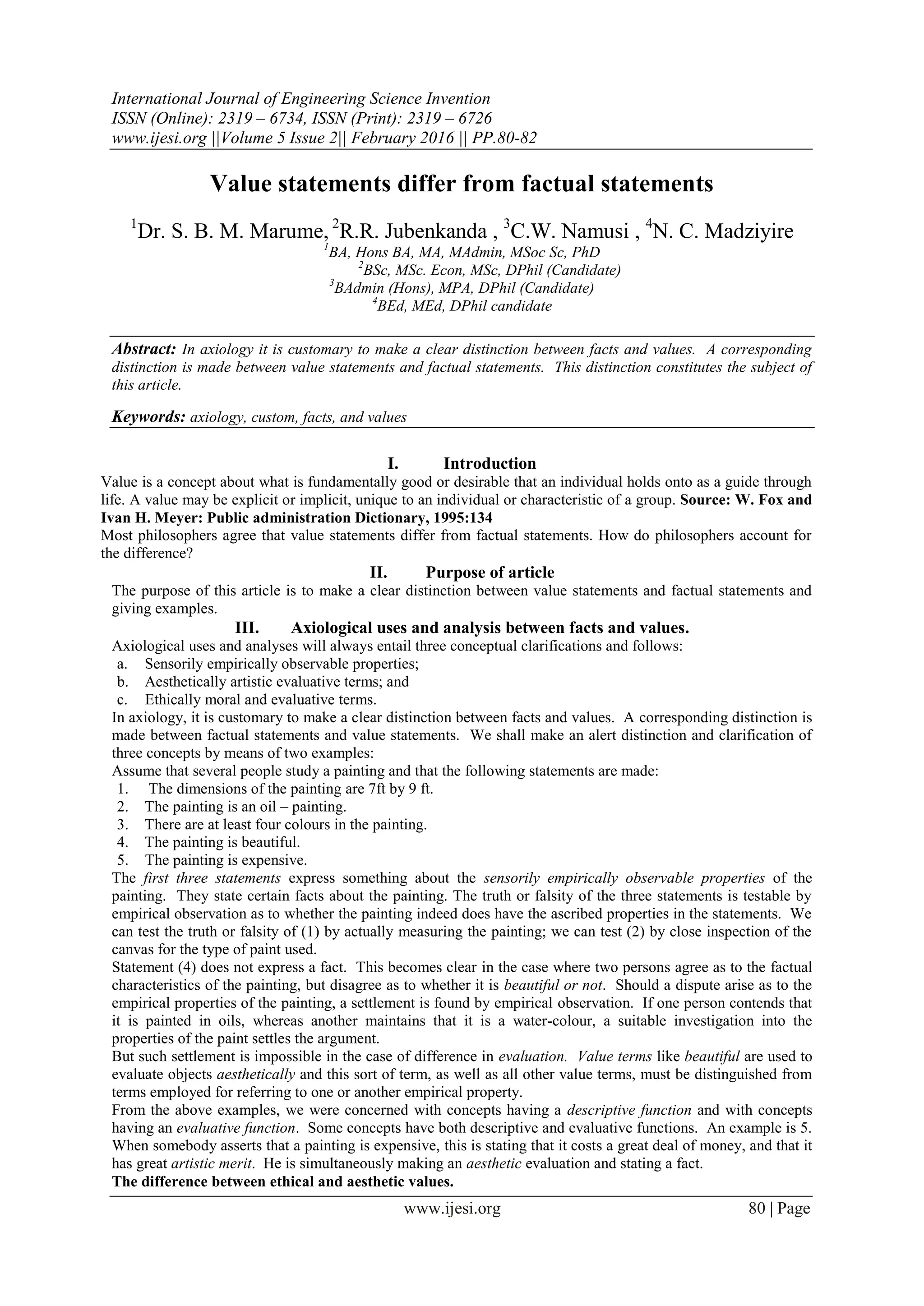 Value statements differ from factual statements | PDF